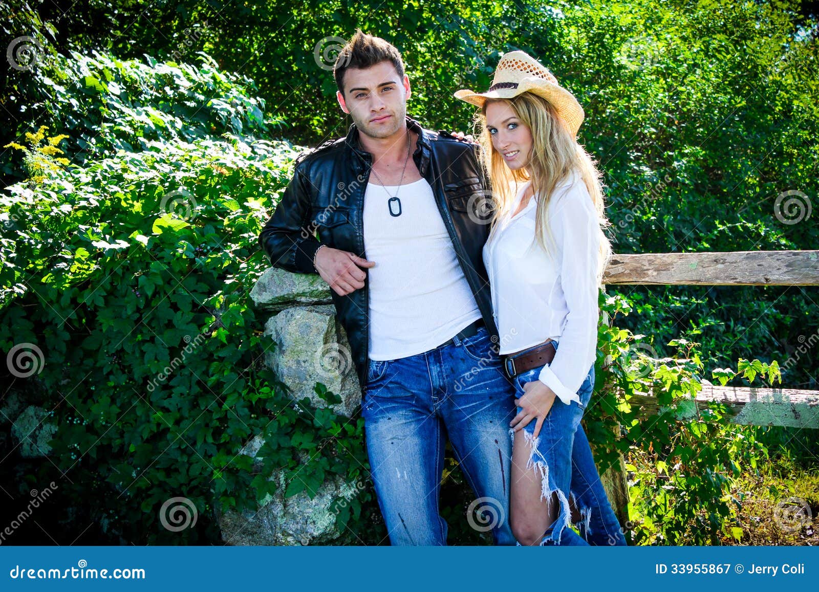 Young Couple in a Country Setting. Stock Image - Image of wall, model ...