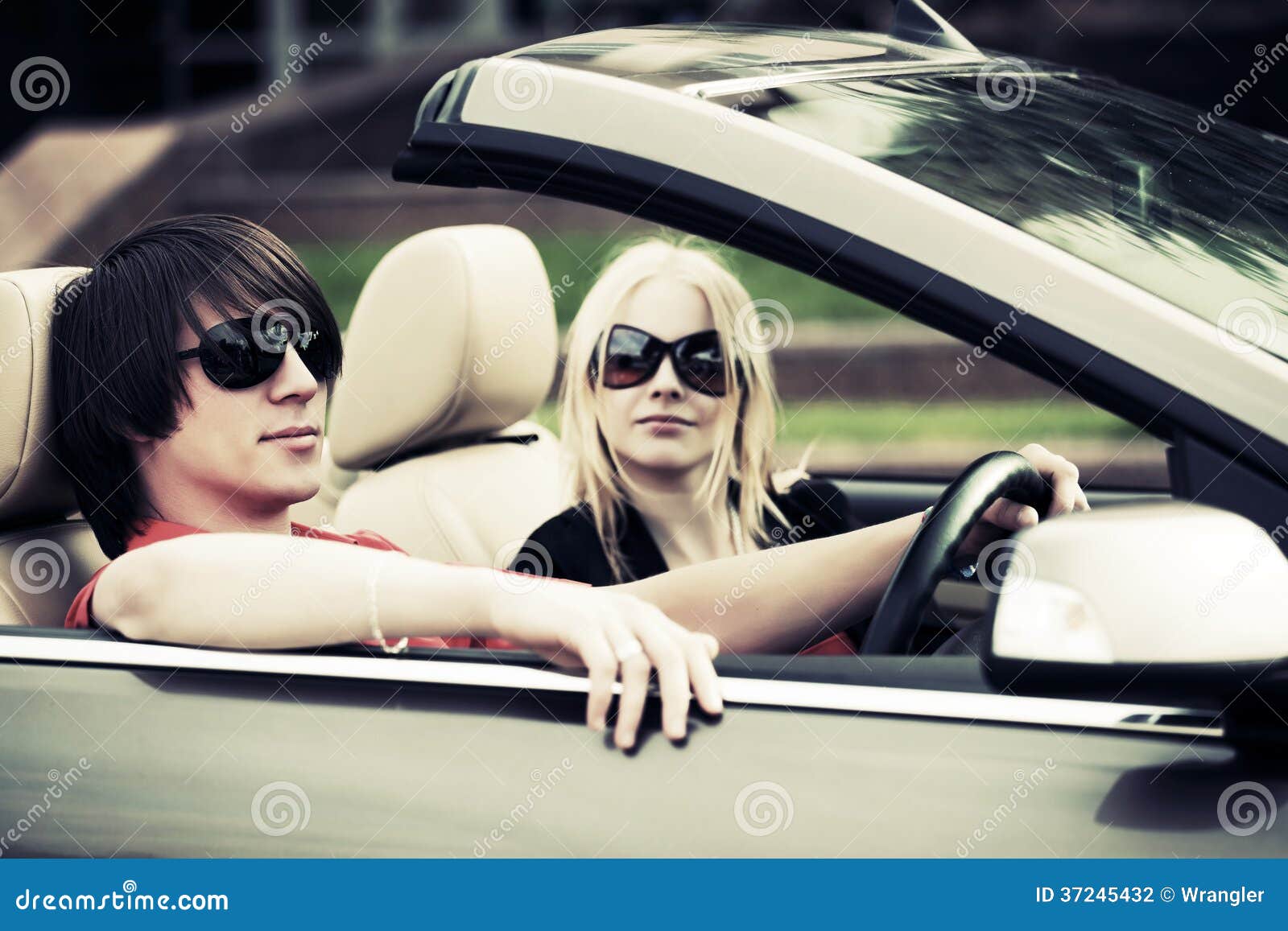 Young Couple Driving a Convertible Car Stock Photo - Image of human ...