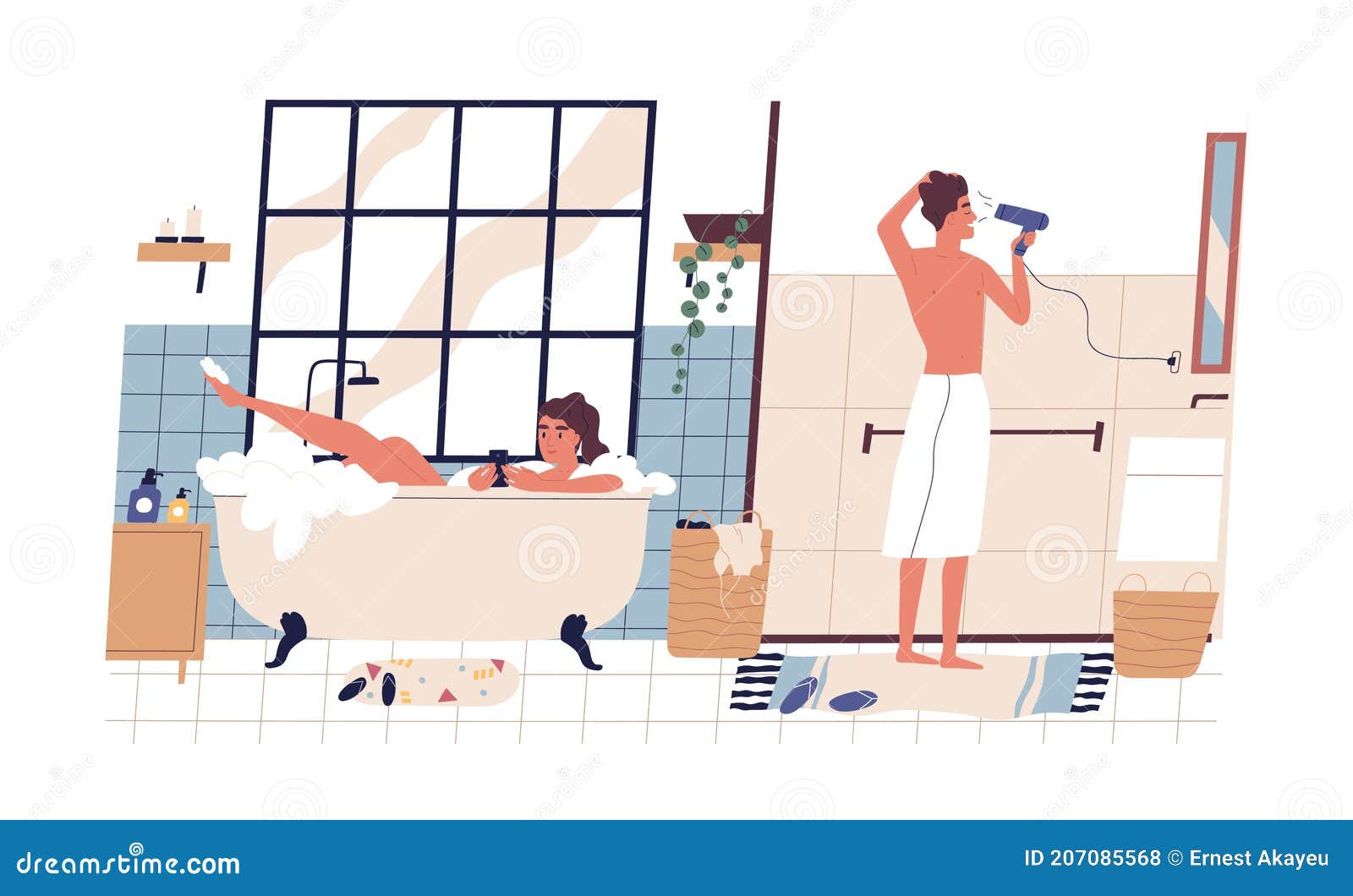 Young Couple During Everyday Hygiene Rituals In Bathroom Woman Surfing