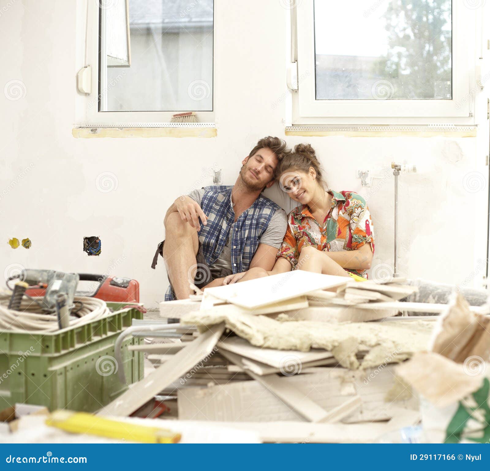 Young Couple Exhausted in DIY Stock Photo - Image of horizontal ...