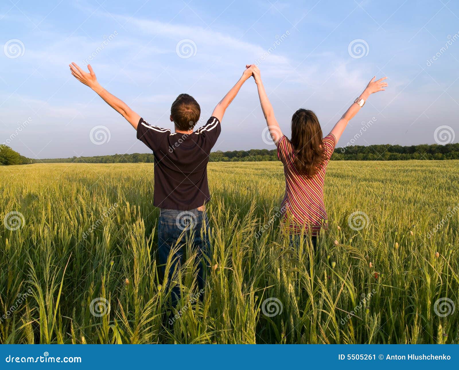 Young Couple in Field Holding Hands Up Stock Image - Image of holding ...