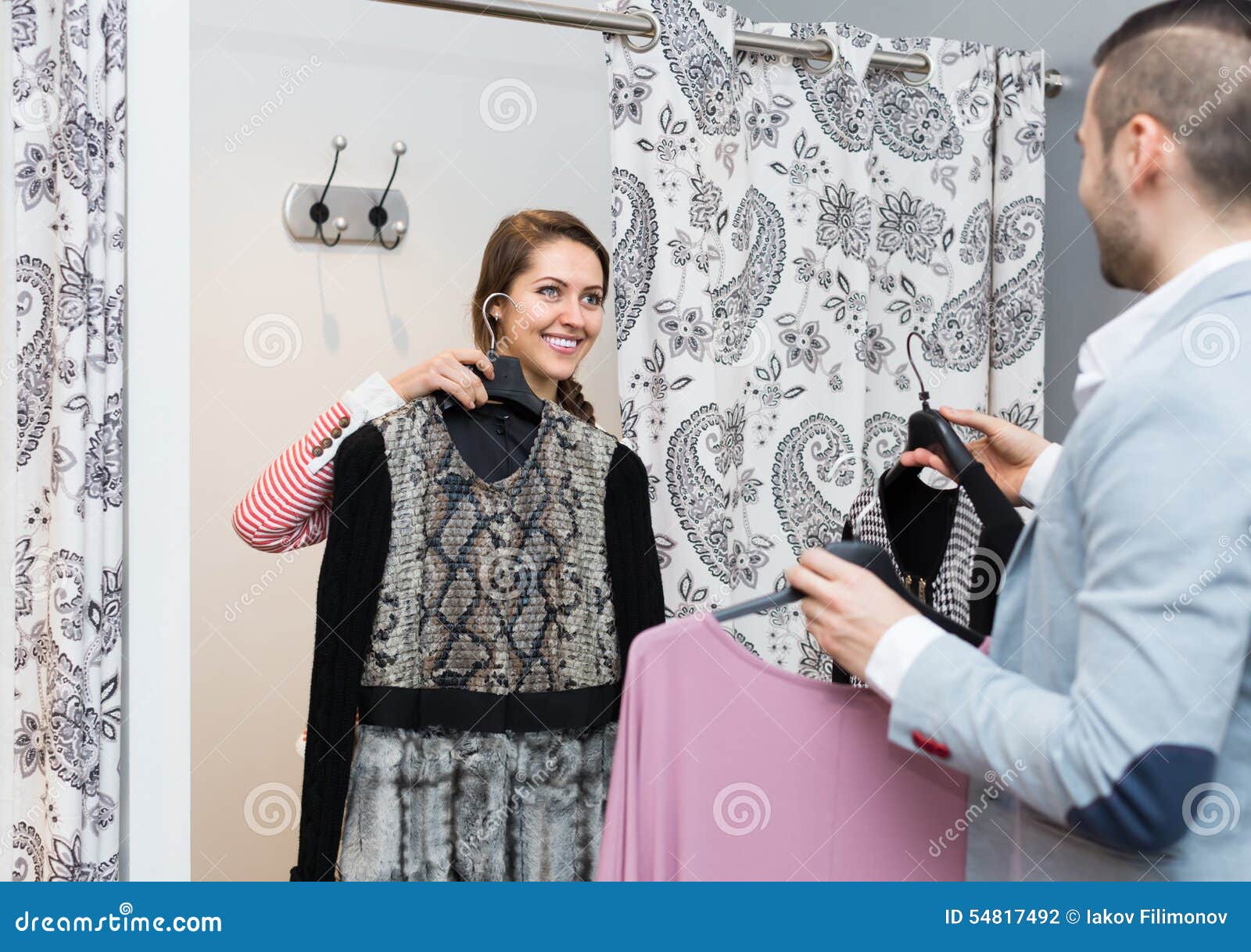 Young Couple at Fitting Room Stock Photo - Image of happy, apparel ...
