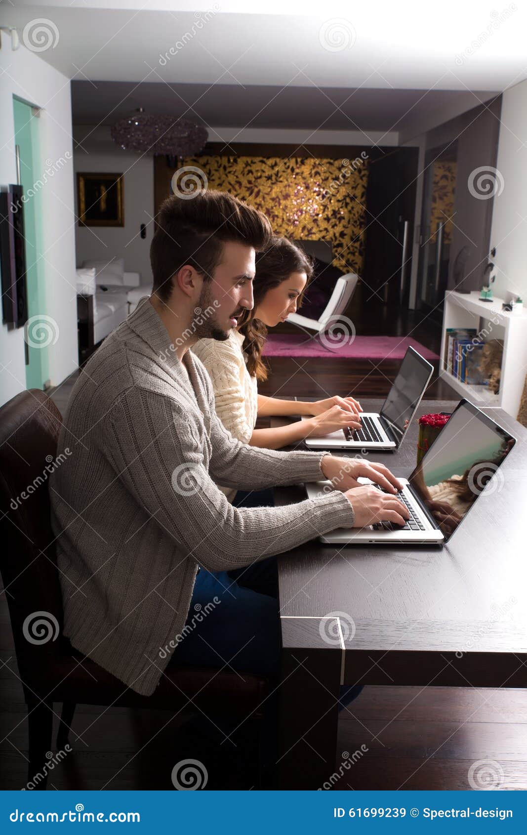 Young Couple in Front of Their Laptop Computers at Home Stock Image ...