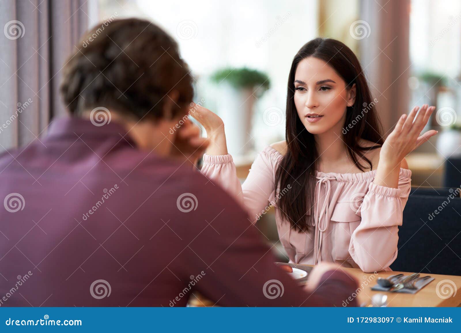 Young Couple Having Argument in Cafe Stock Image - Image of cheerful ...