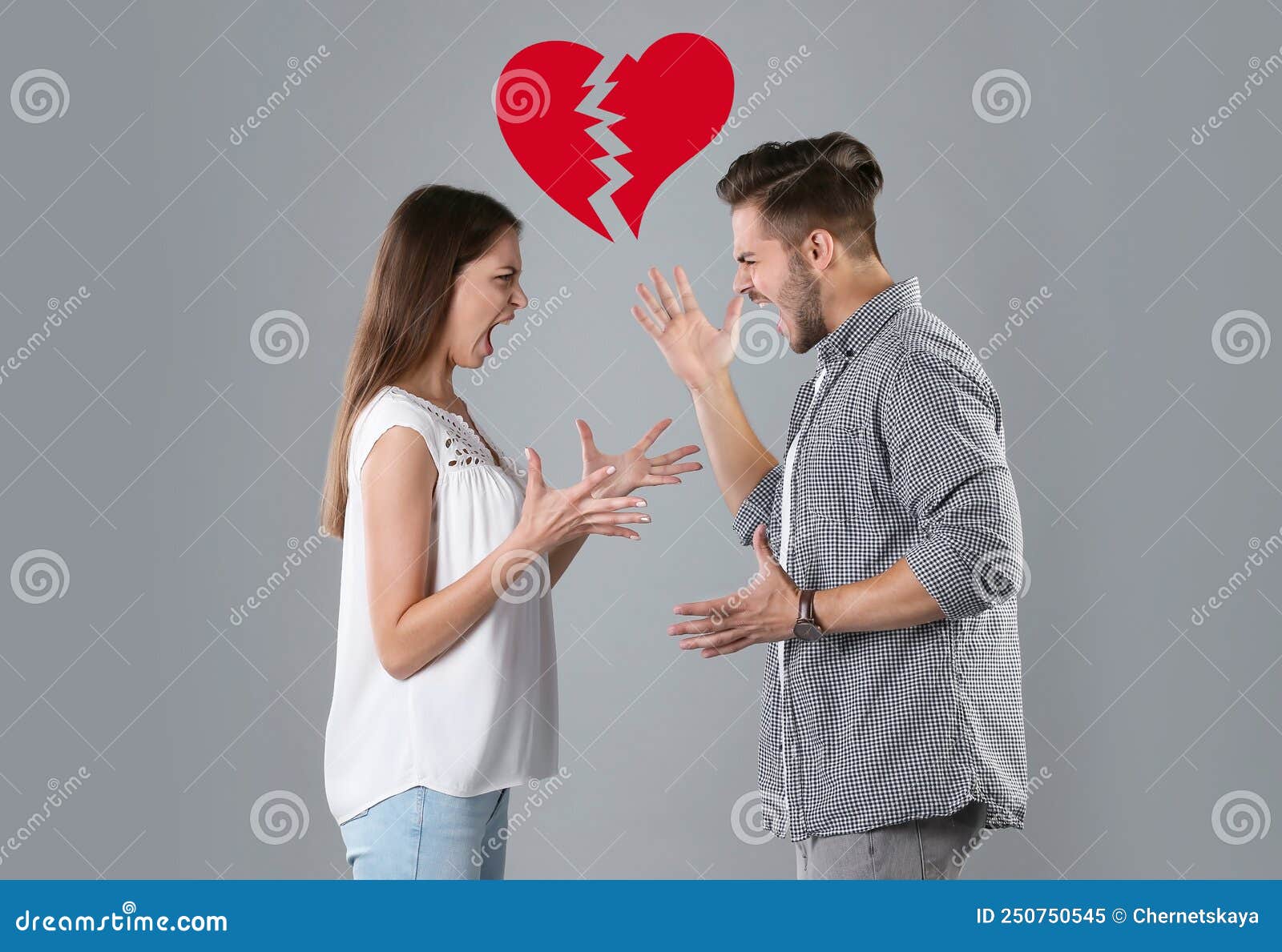 Young Couple Having Argument and Illustration of Broken Heart on Grey ...
