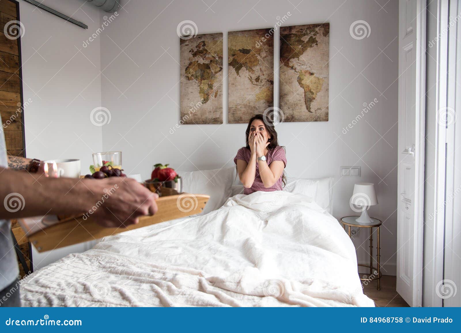Young Couple at Home with Breakfast in Bed Suprise Stock Photo - Image ...