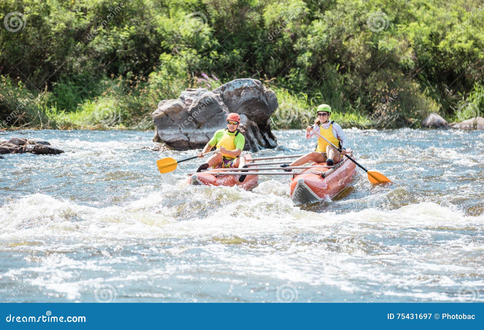 Young Couple on an Inflatable Catamaran Stock Image - Image of together ...