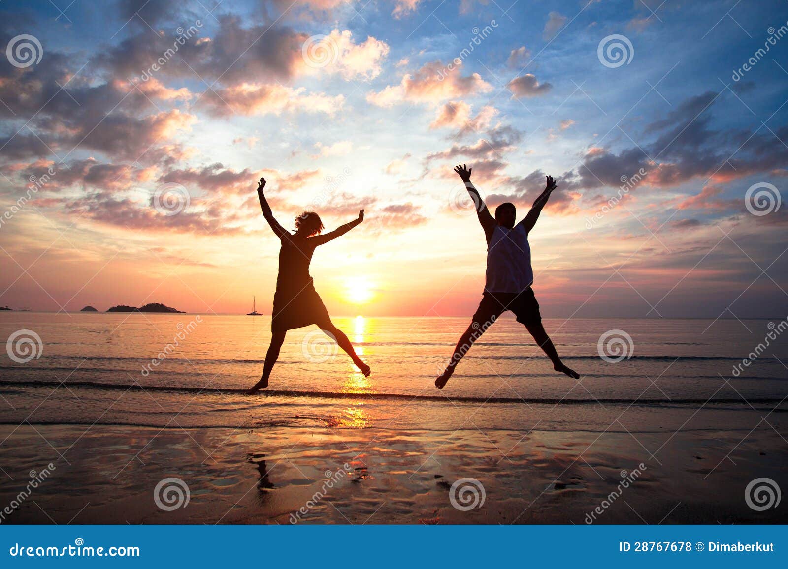 Young Couple in a Jump on the Sea Beach at Sunset Stock Photo - Image ...