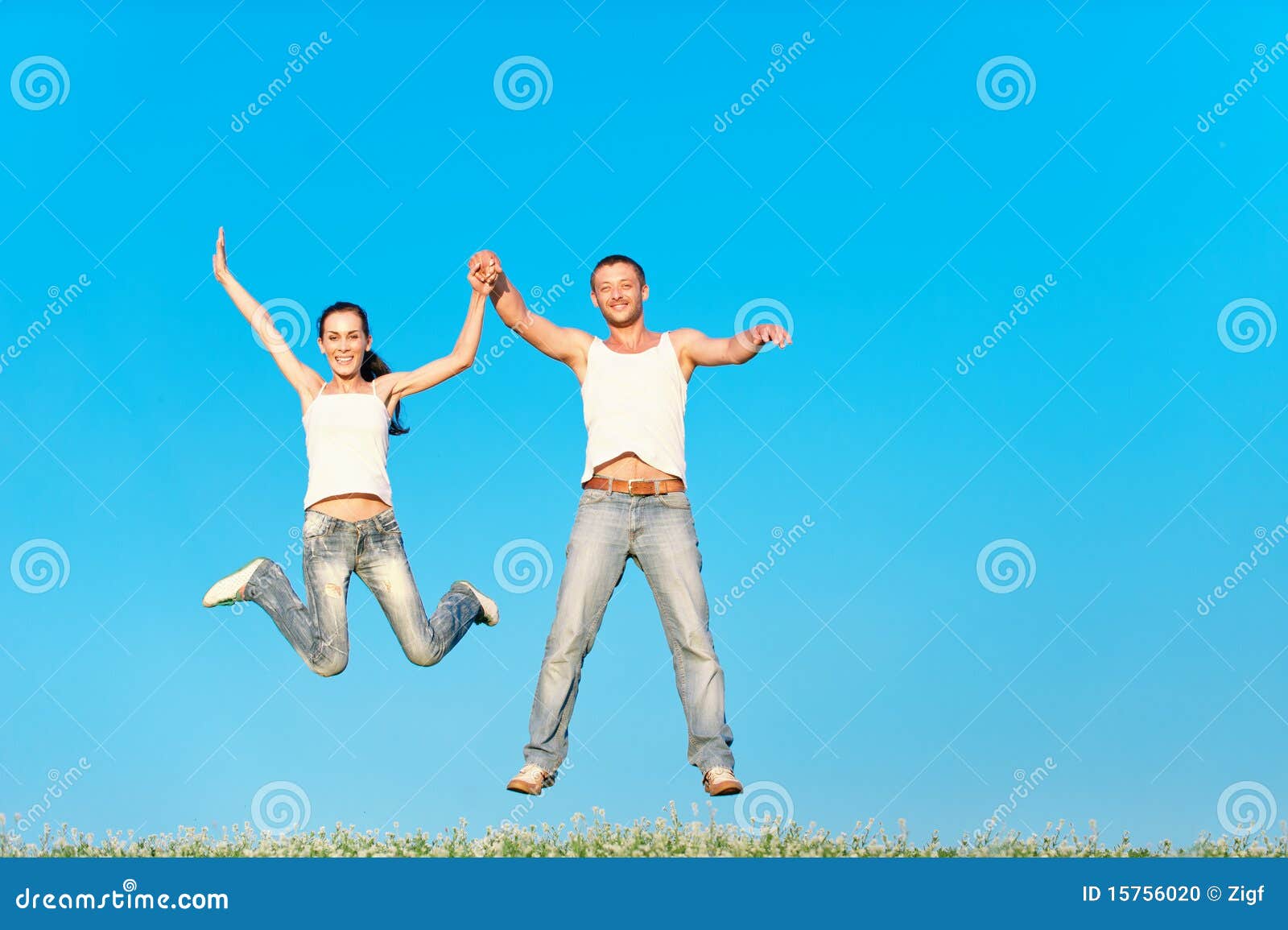 Young couple jumps stock photo. Image of husband, intimate - 15756020