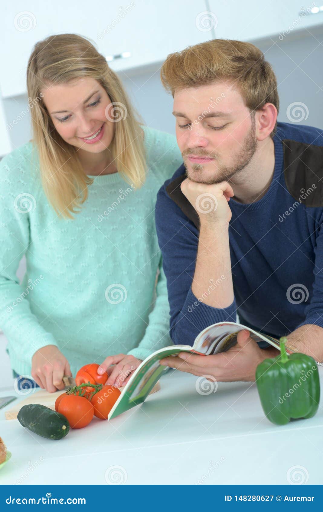 Young Couple in Kitchen Preparing Lunch Stock Image - Image of food ...
