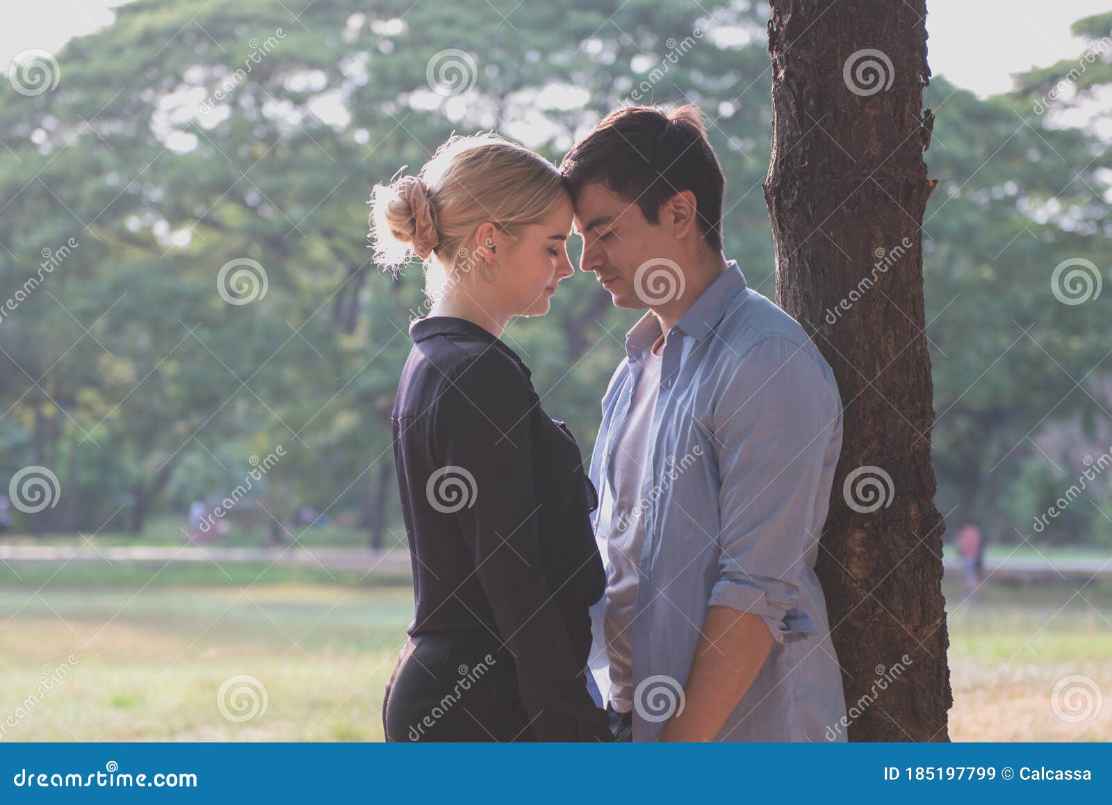 Young Couple in Love, Hugging Under the Tree in the Park Stock Image ...