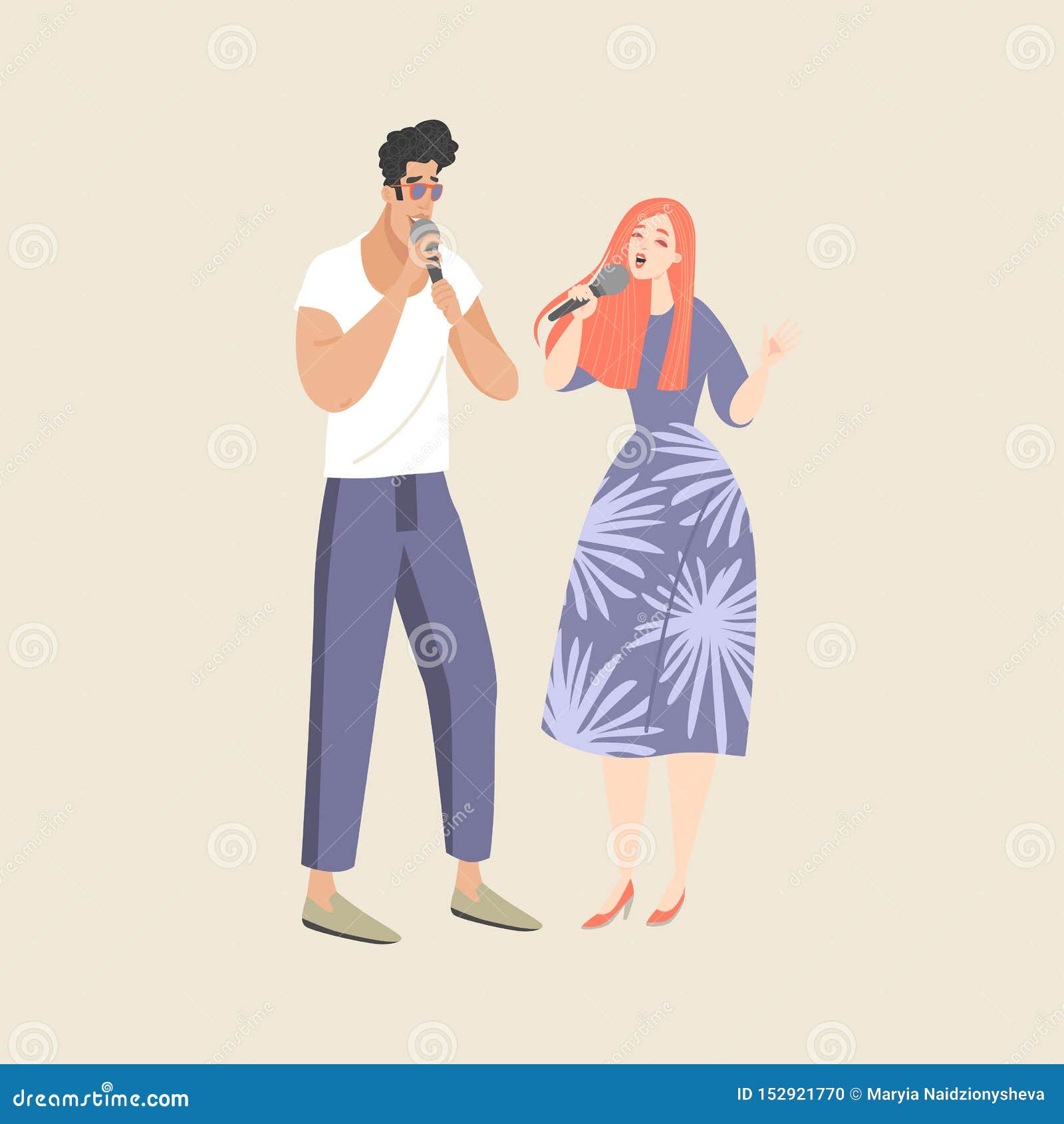 Young Couple With Microphones Singing A Song At A Karaoke Party Stock