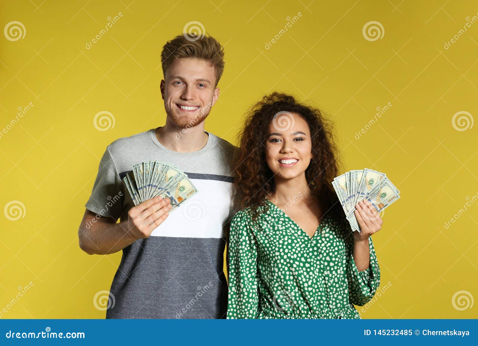 Couple with Money on Color Background Stock Image - Image of money ...