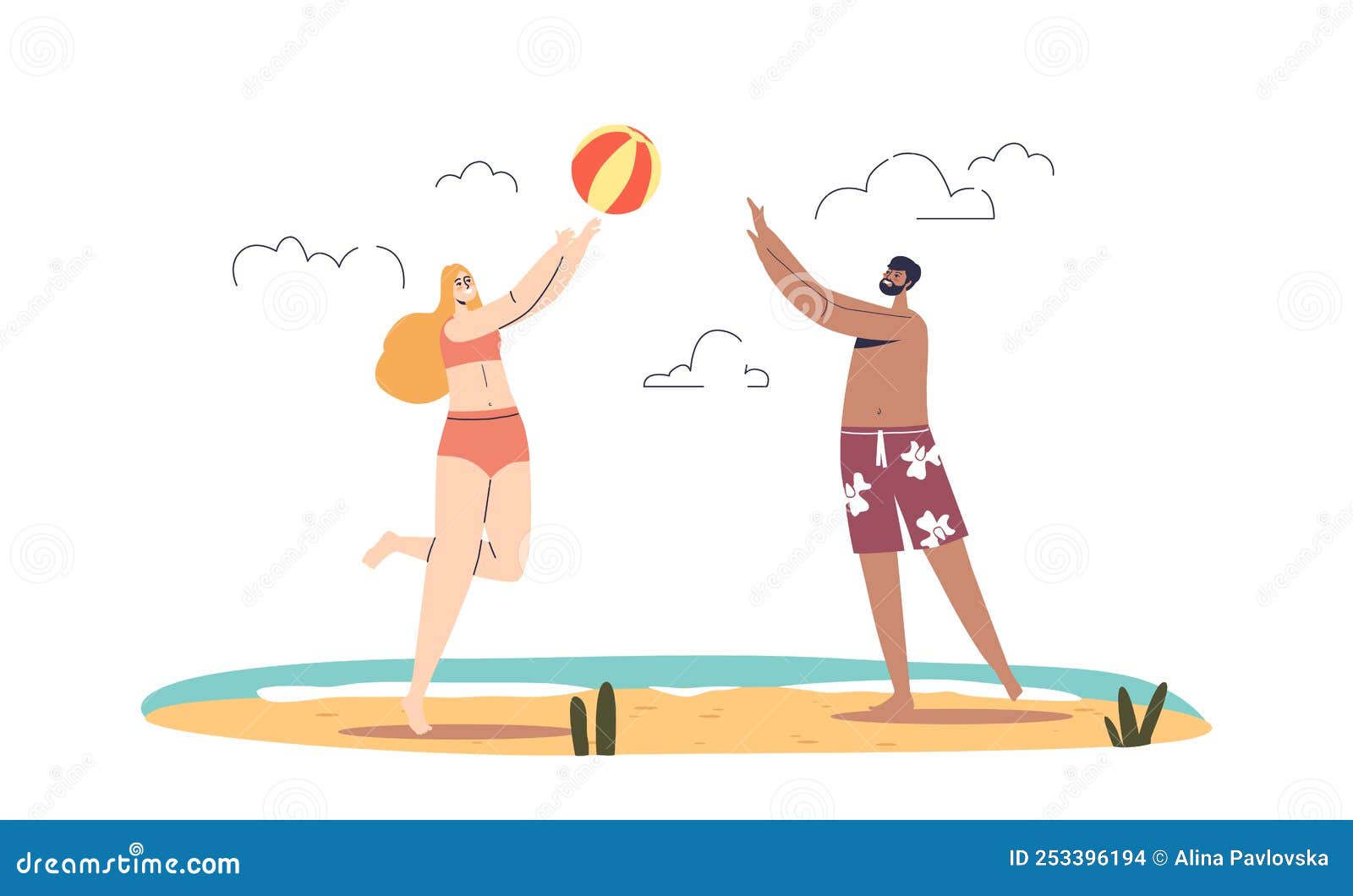 Young Couple Play Beach Volleyball Man And Woman Enjoy Active Summer