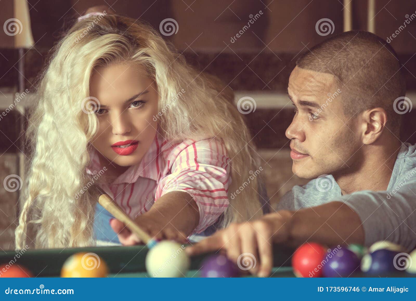 Young People Playing Snooker at Bar Stock Photo - Image of female, girl ...