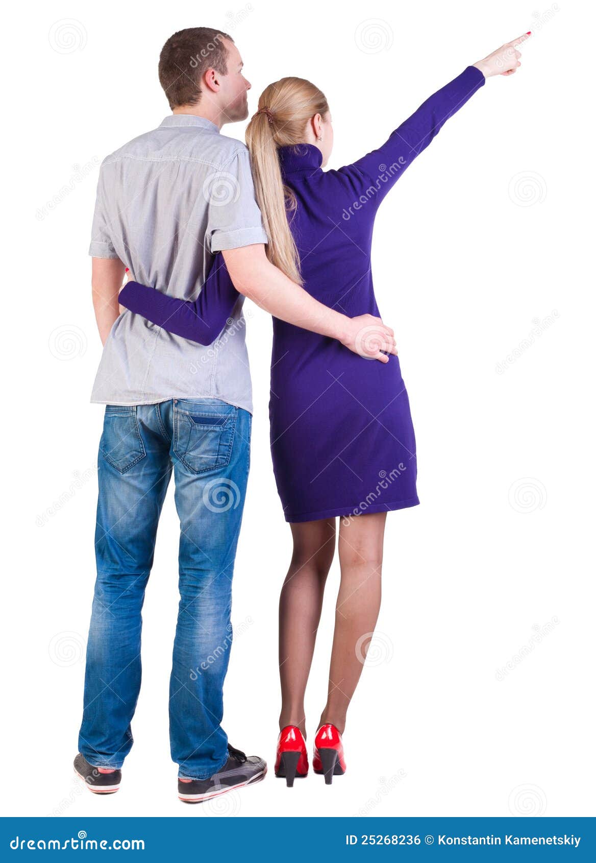 Young Couple Pointing at Wal Back View Stock Photo - Image of blue ...