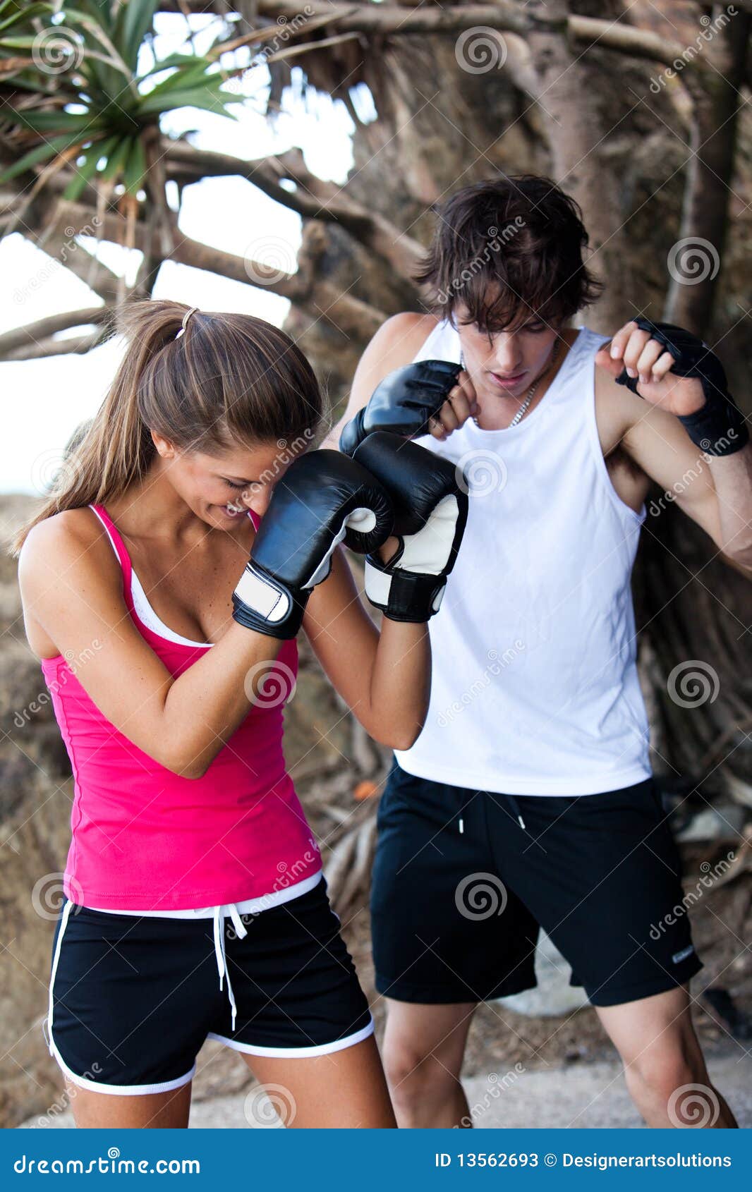 Young Couple Practicing Boxing Outdoors Stock Image - Image of high ...