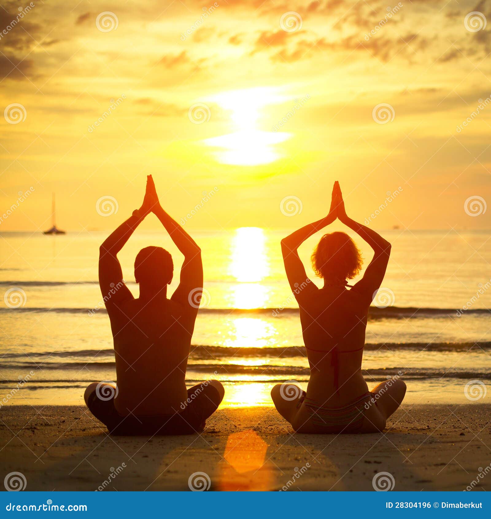 Young Couple Practicing Yoga on the Beach Stock Photo - Image of adult ...
