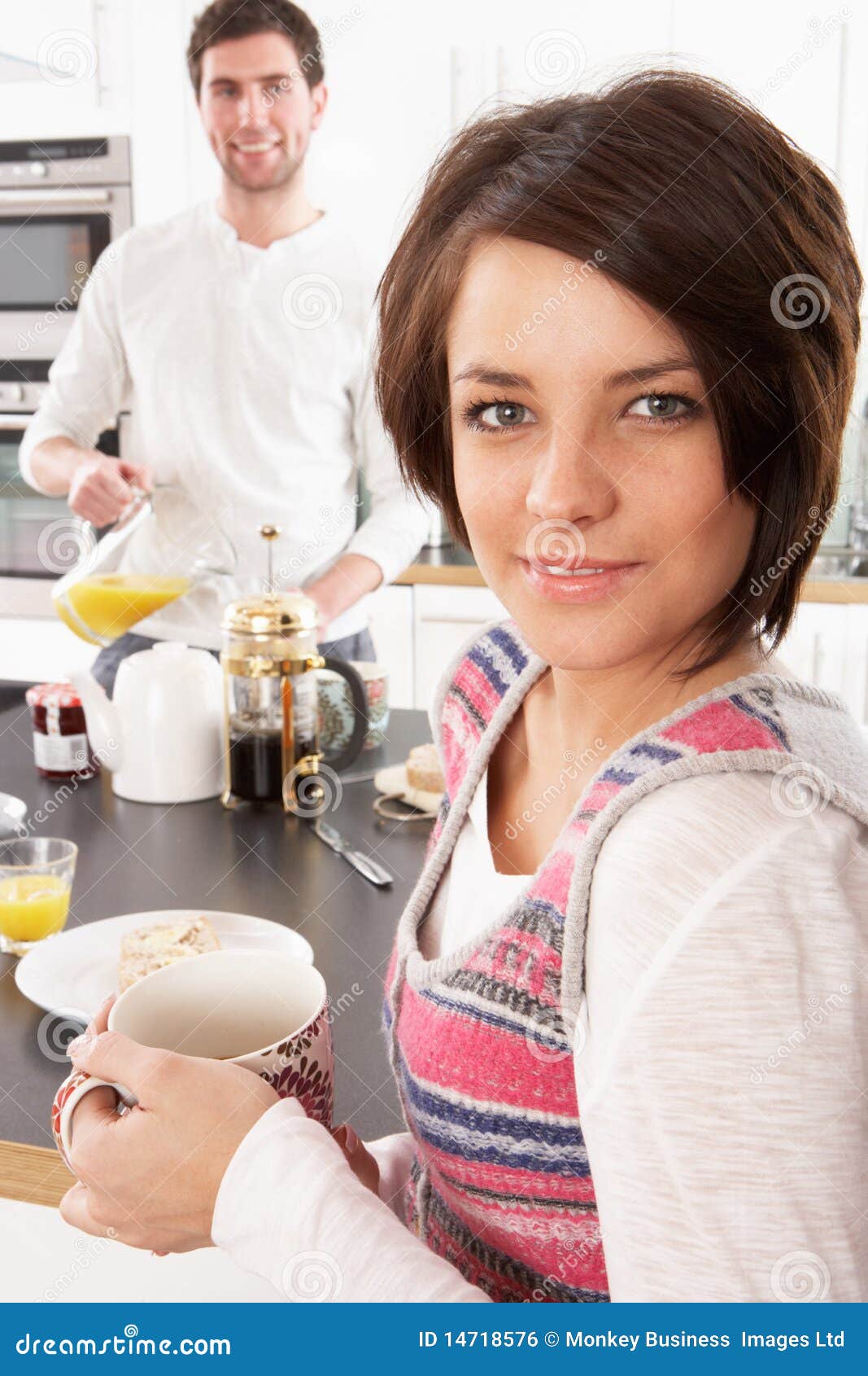 Young Couple Preparing Breakfast in Modern Kitchen Stock Photo - Image ...