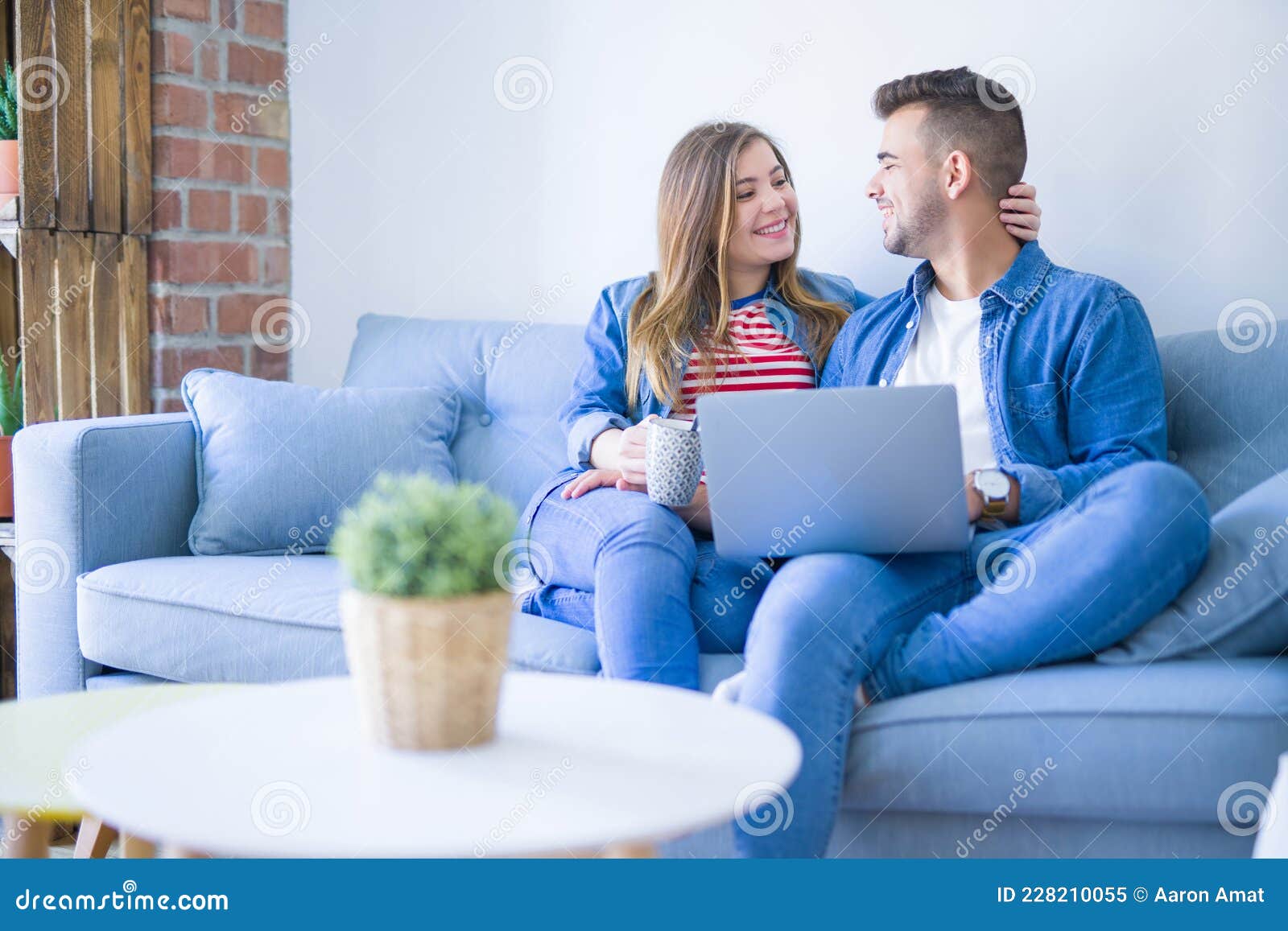 Young Couple Relaxing Sitting on the Sofa Using the Computer Laptop ...