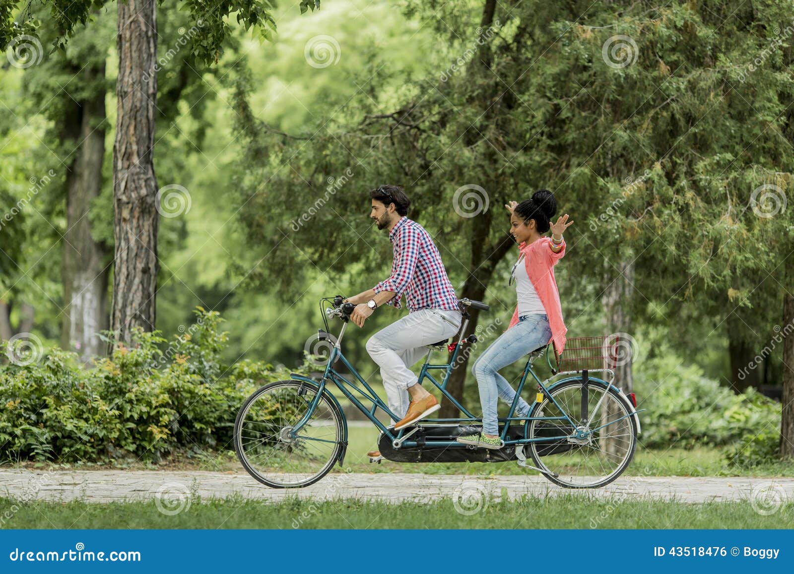 Young Couple Riding on the Tandem Bicycle Stock Photo - Image of happy ...