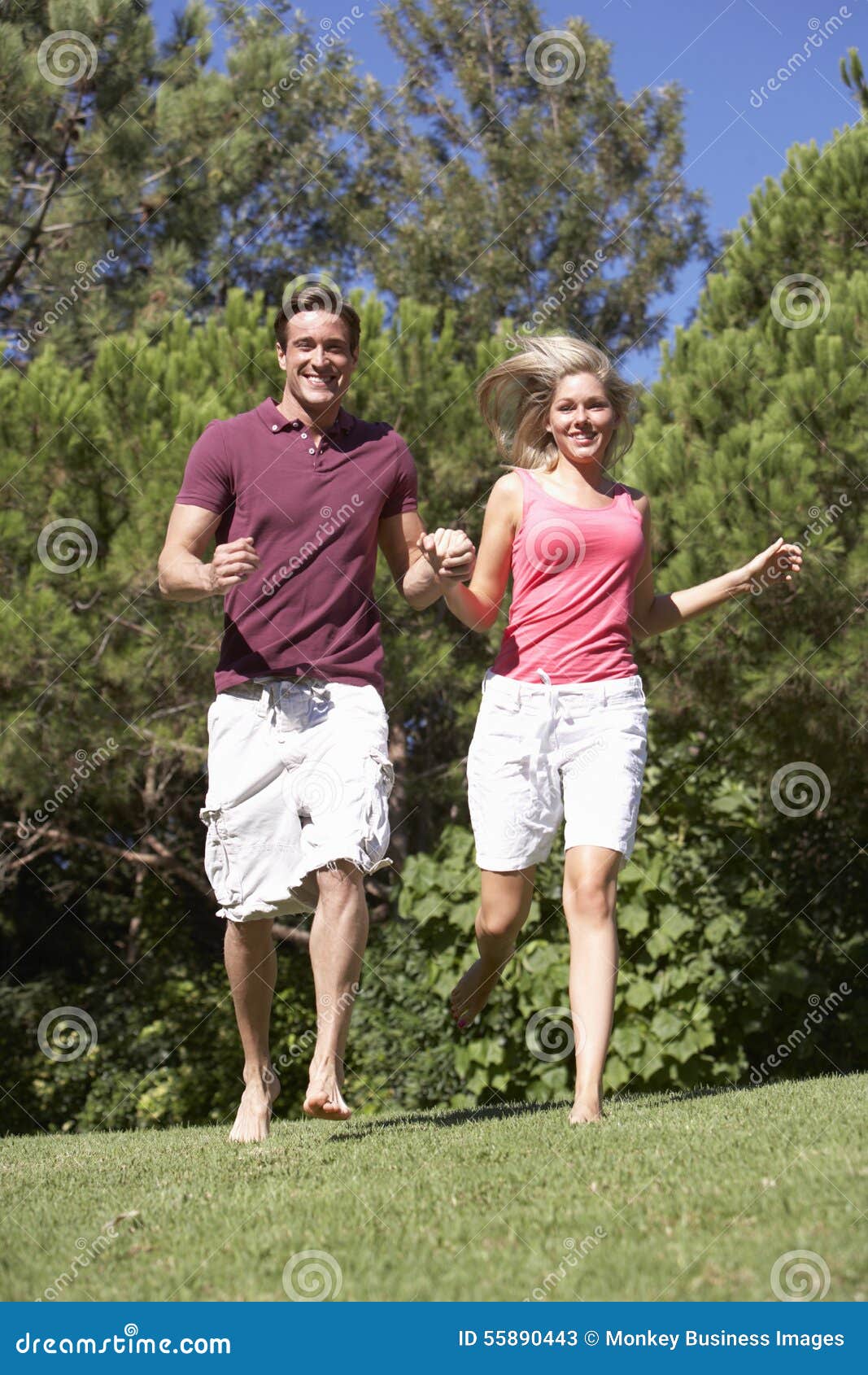Young Couple Running through Summer Field Stock Image - Image of escape ...