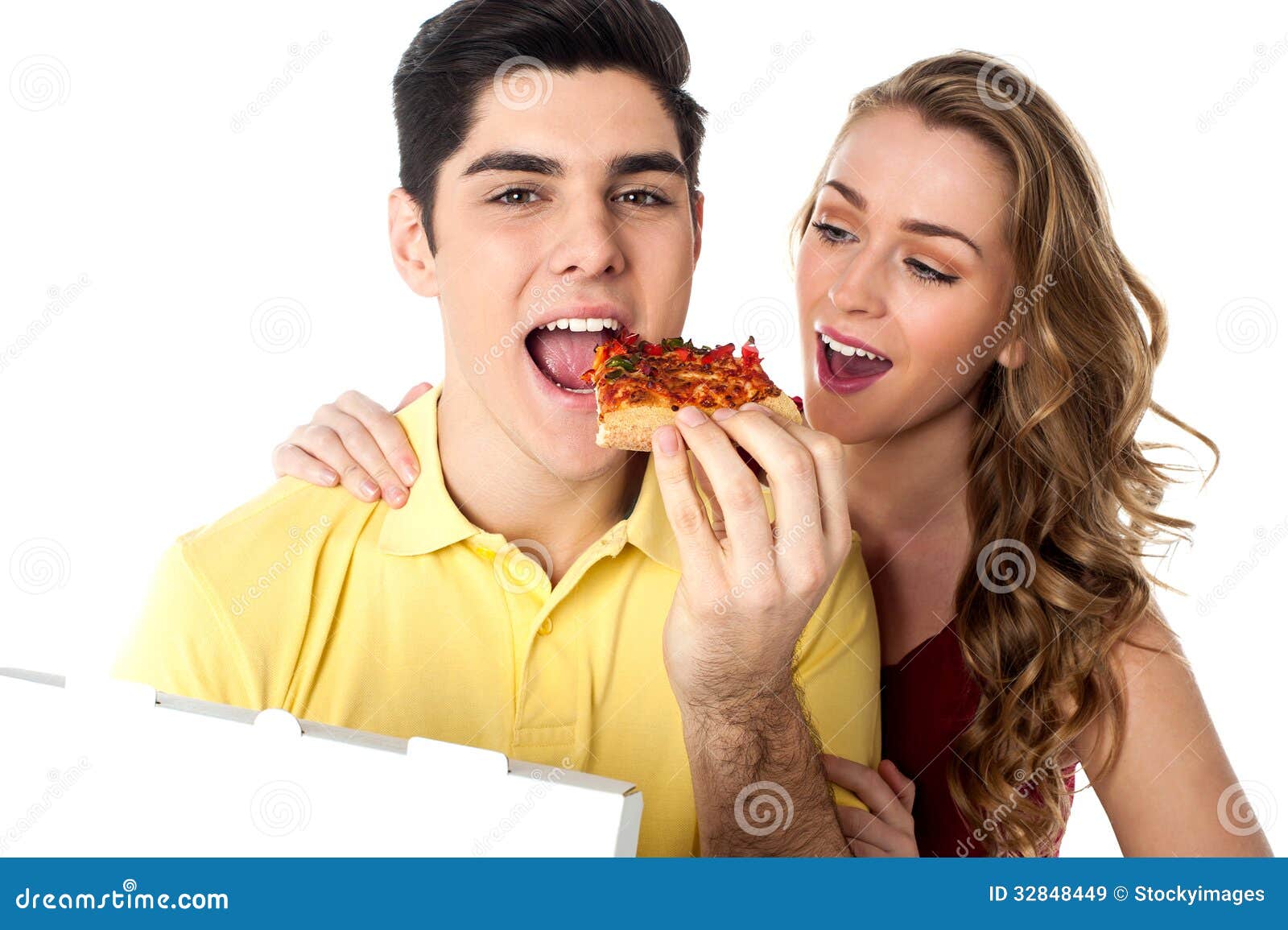 Young Couple Sharing a Pizza Slice Stock Image - Image of cheesy ...