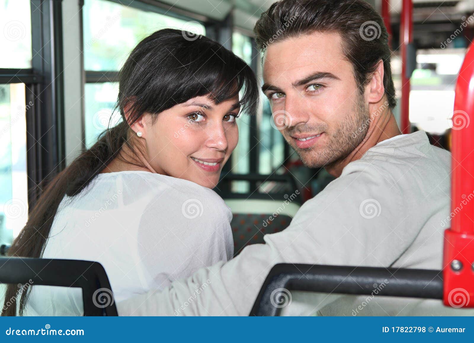 Young Couple Sitting in the Bus Stock Photo - Image of happy, closeup ...