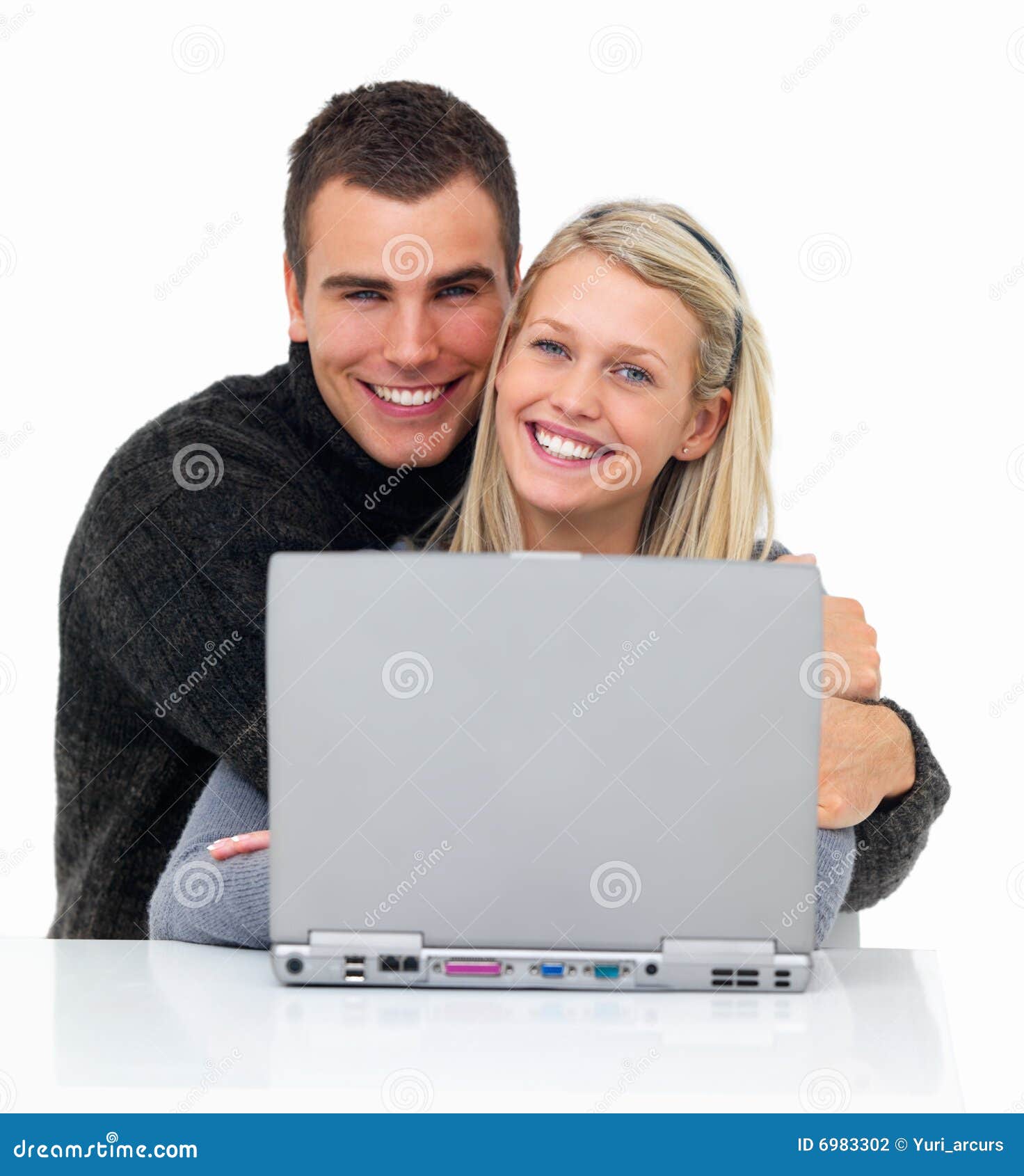 Young Couple Sitting Hugging with Laptop Stock Photo - Image of ...
