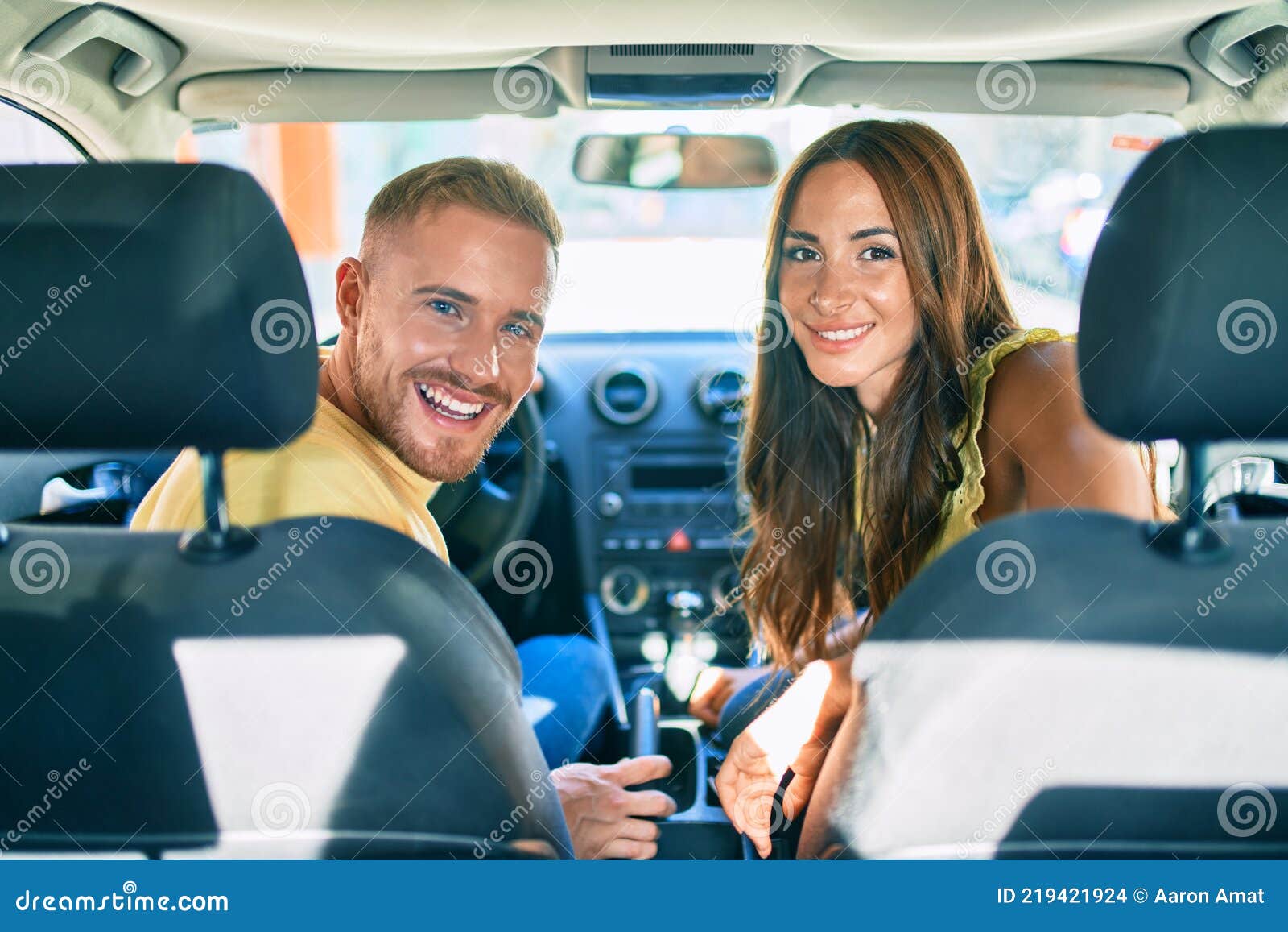 Young Couple Smiling Happy Driving Car Stock Photo - Image of blond ...