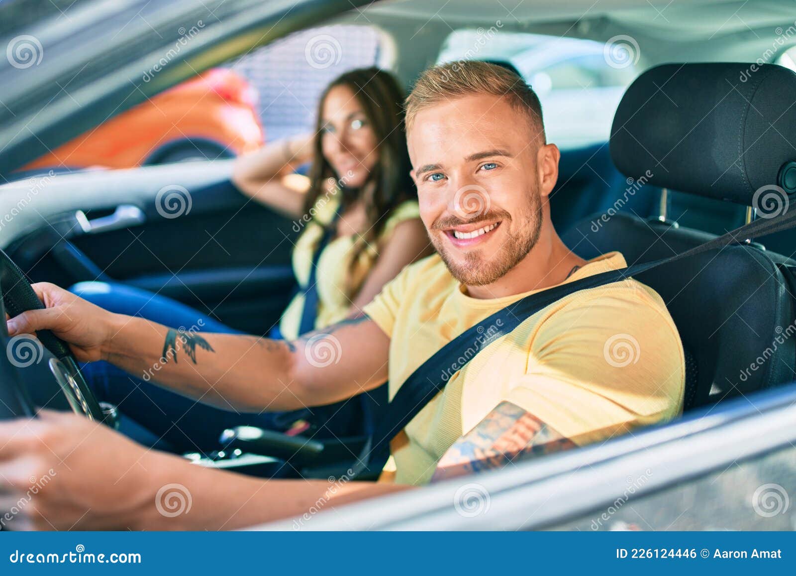 Young Couple Smiling Happy Driving Car Stock Photo - Image of ...