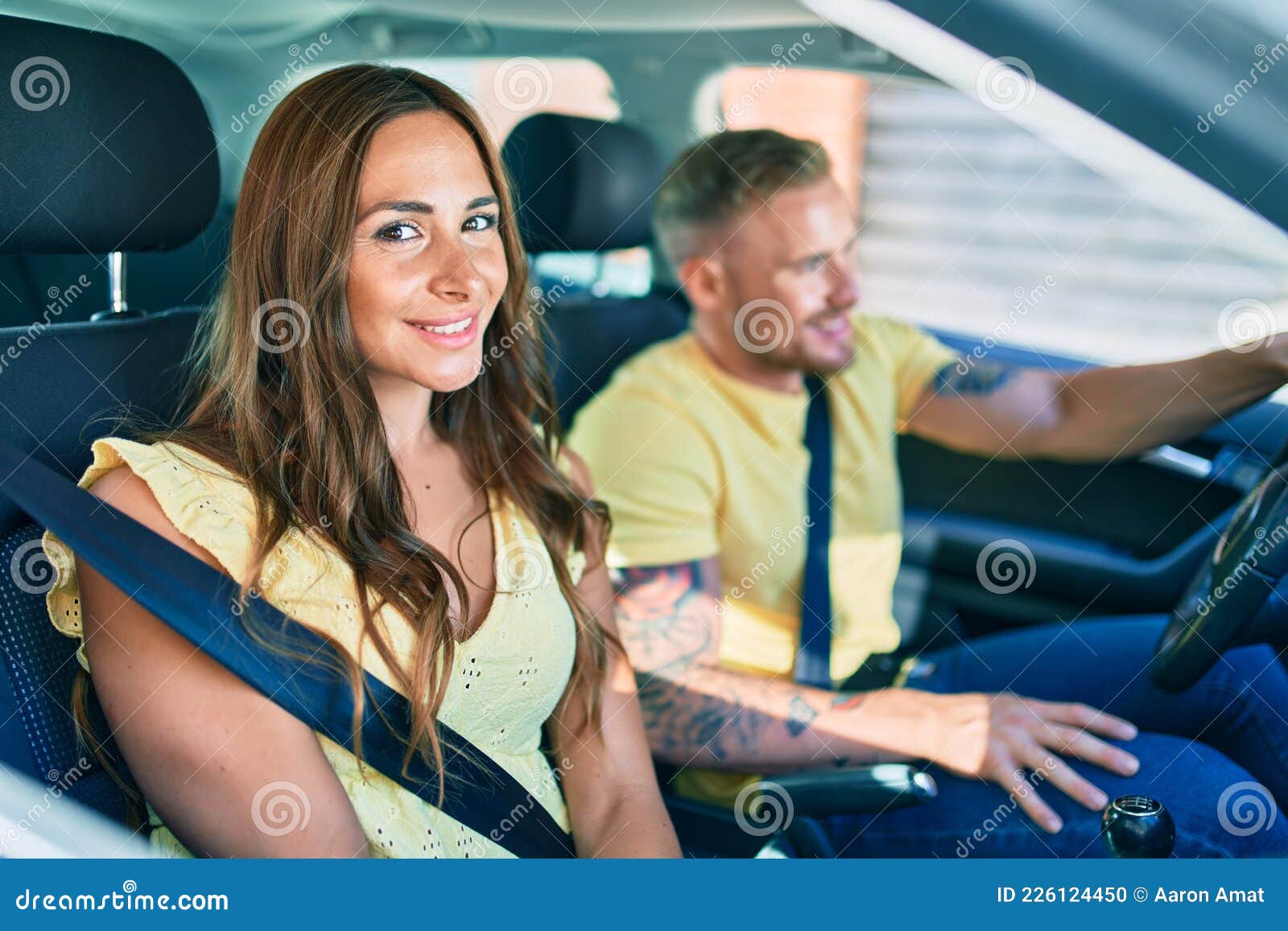 Young Couple Smiling Happy Driving Car Stock Photo - Image of ...