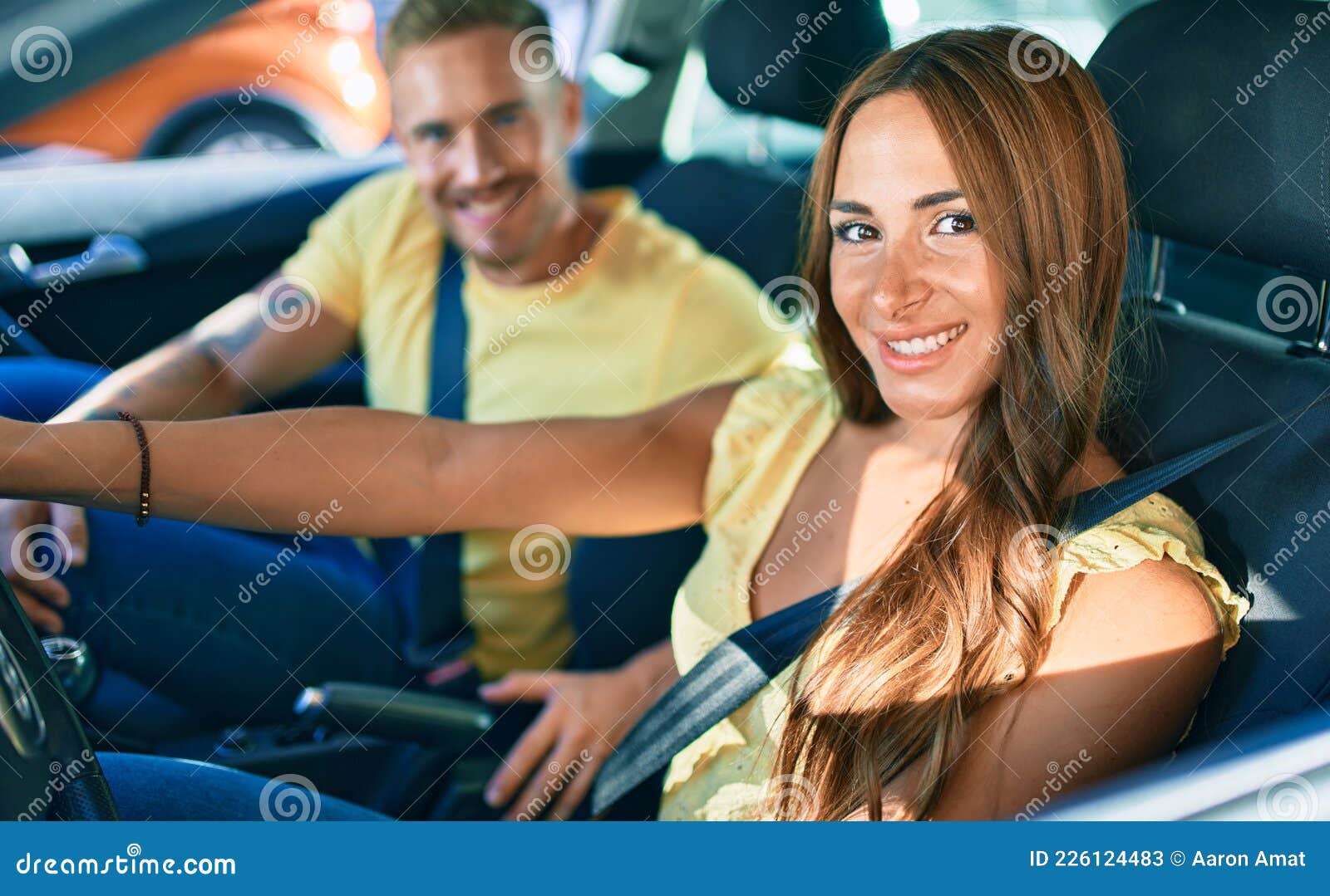 Young Couple Smiling Happy Driving Car Stock Image - Image of drive ...