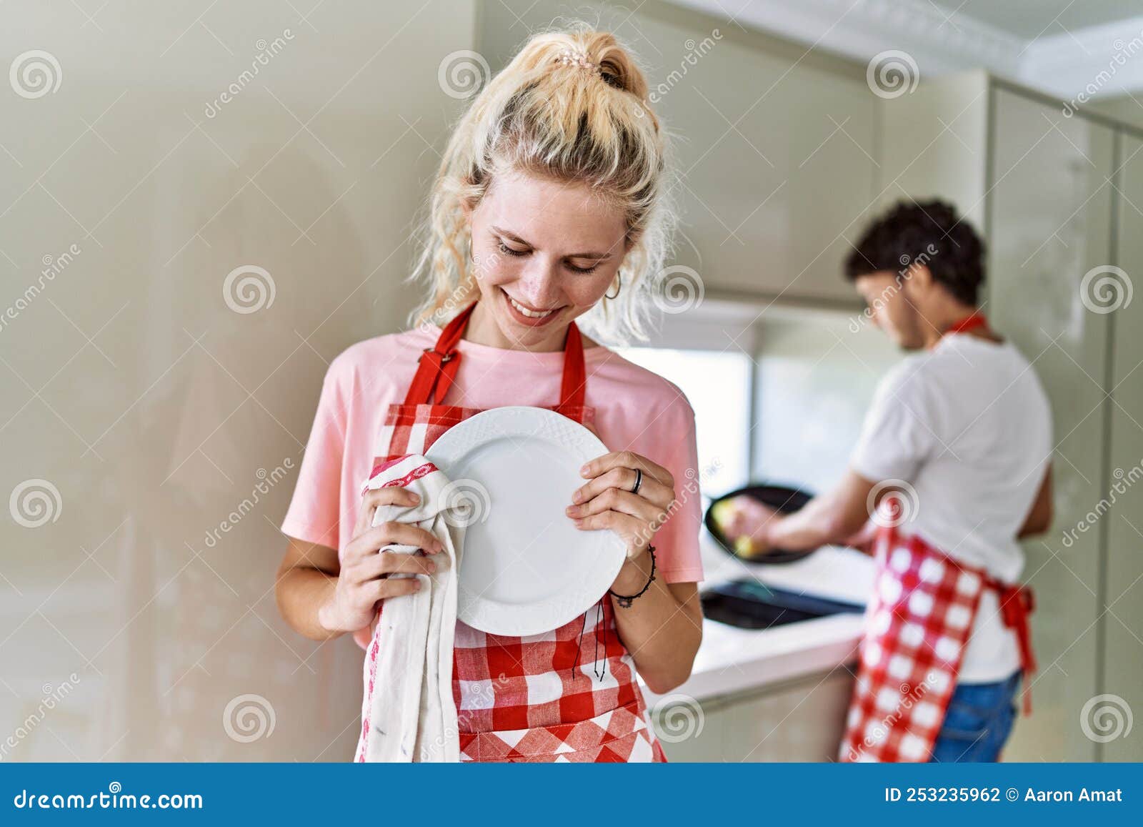 Young Couple Smiling Happy Washing Dishes at Kitchen Stock Photo ...