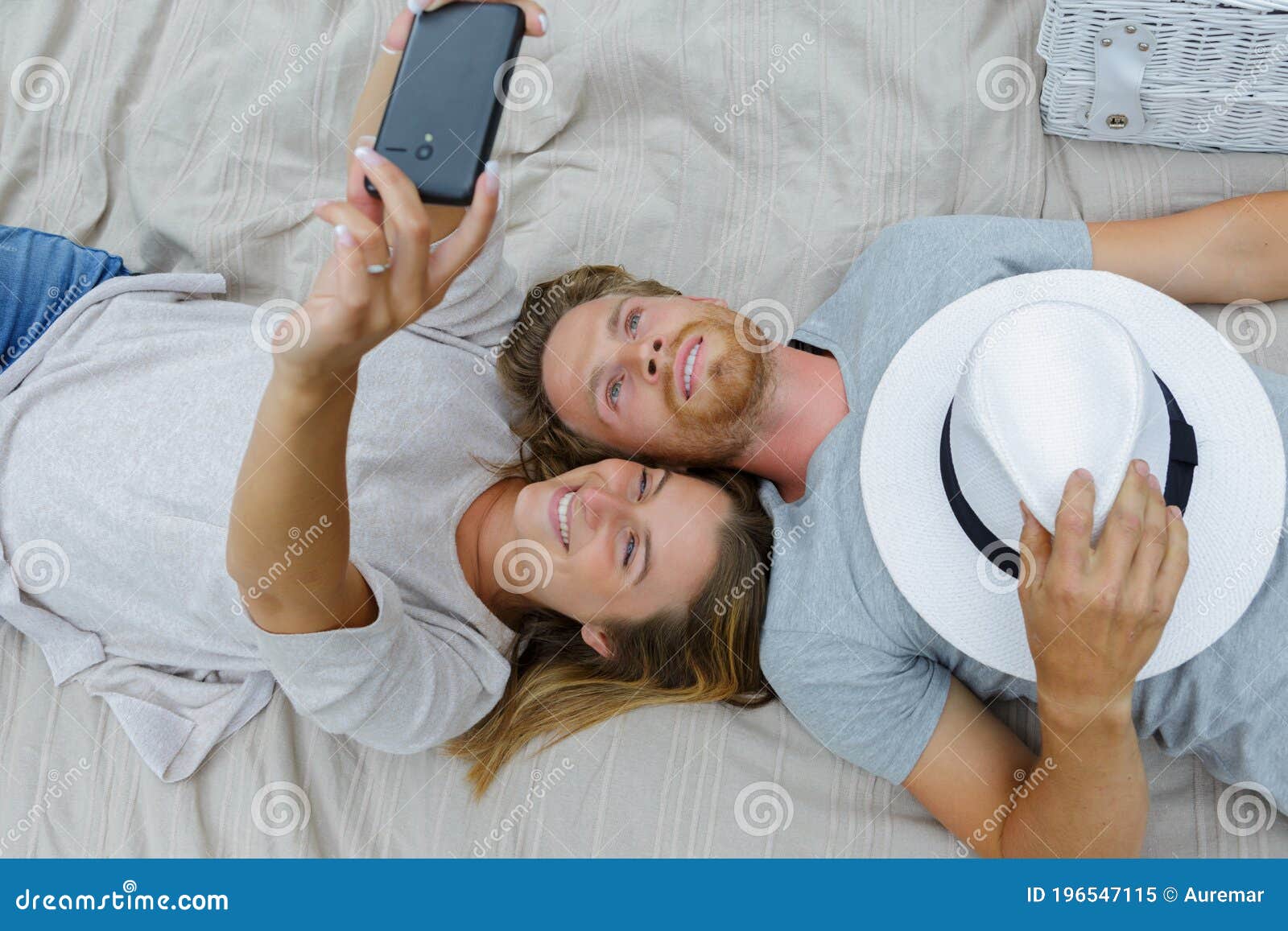 Young Couple Taking Selfie On Bed Stock Image Image Of Leisure