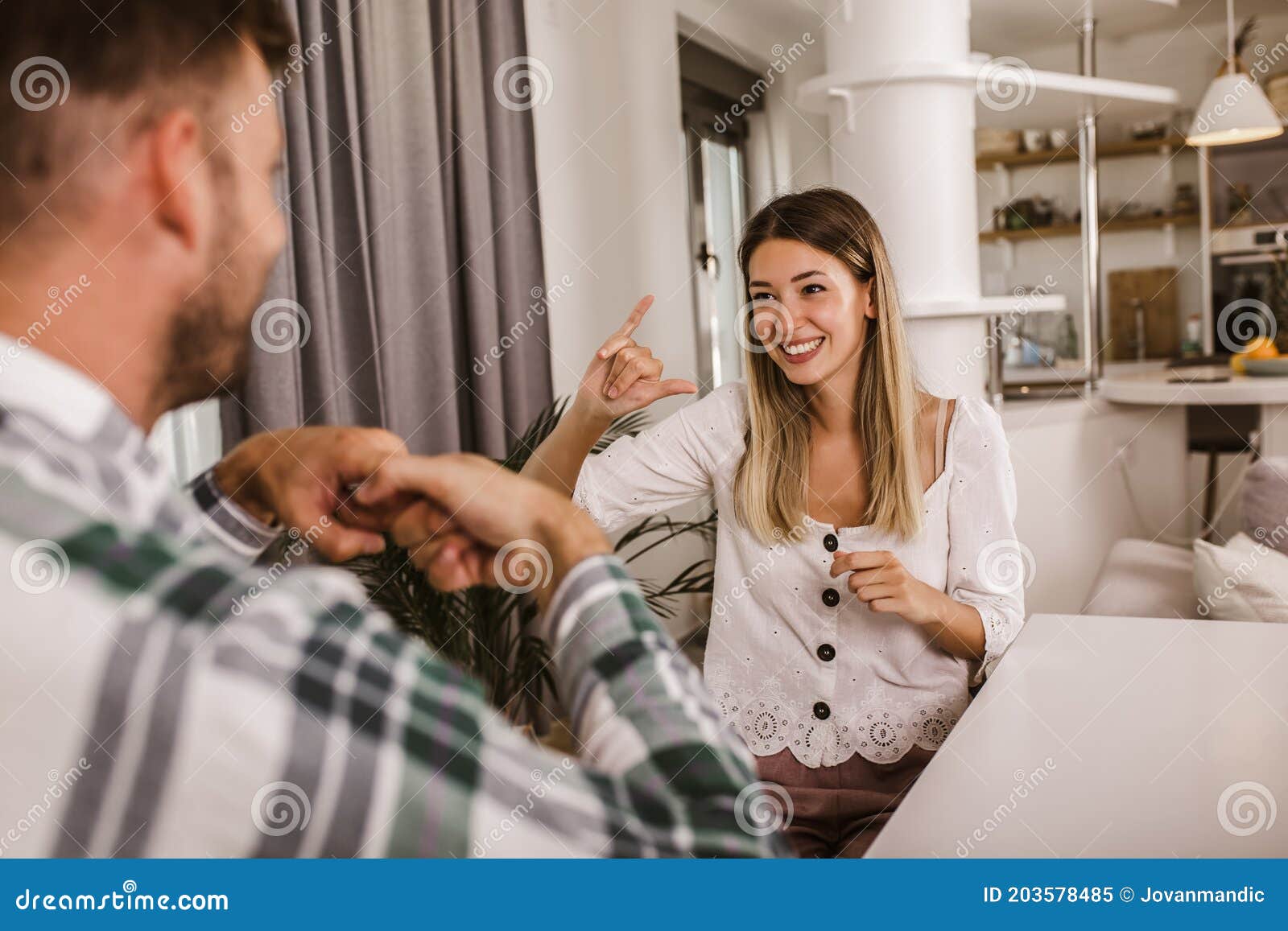 Couple Talking Using Sign Language at Home Stock Image - Image of ...