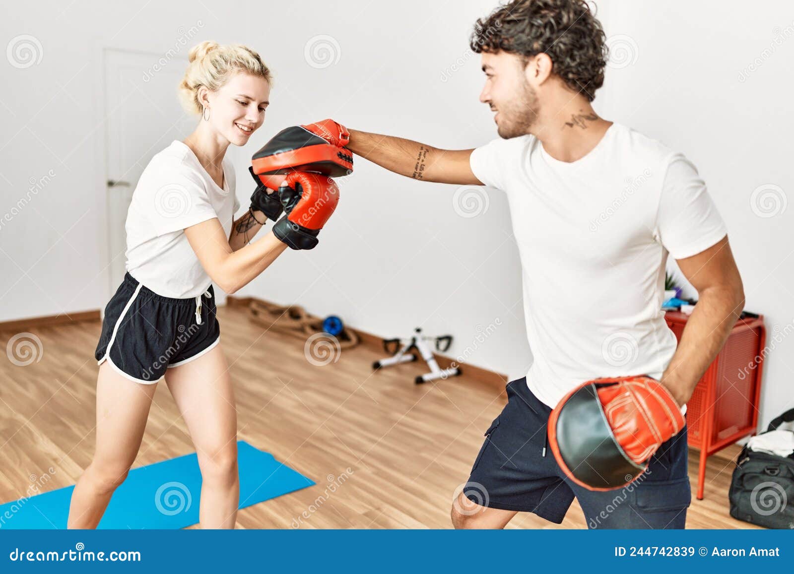 Young Couple Training Boxing at Sport Center Stock Image - Image of ...
