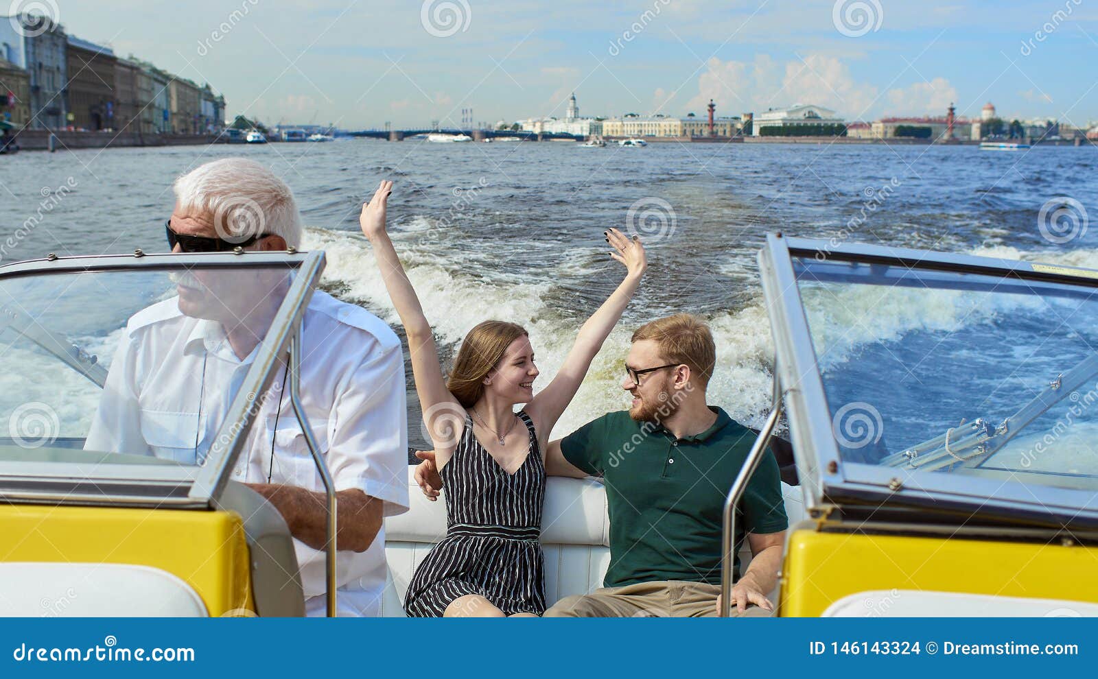 A Young Couple is Traveling on Speedboat. Stock Photo - Image of model ...