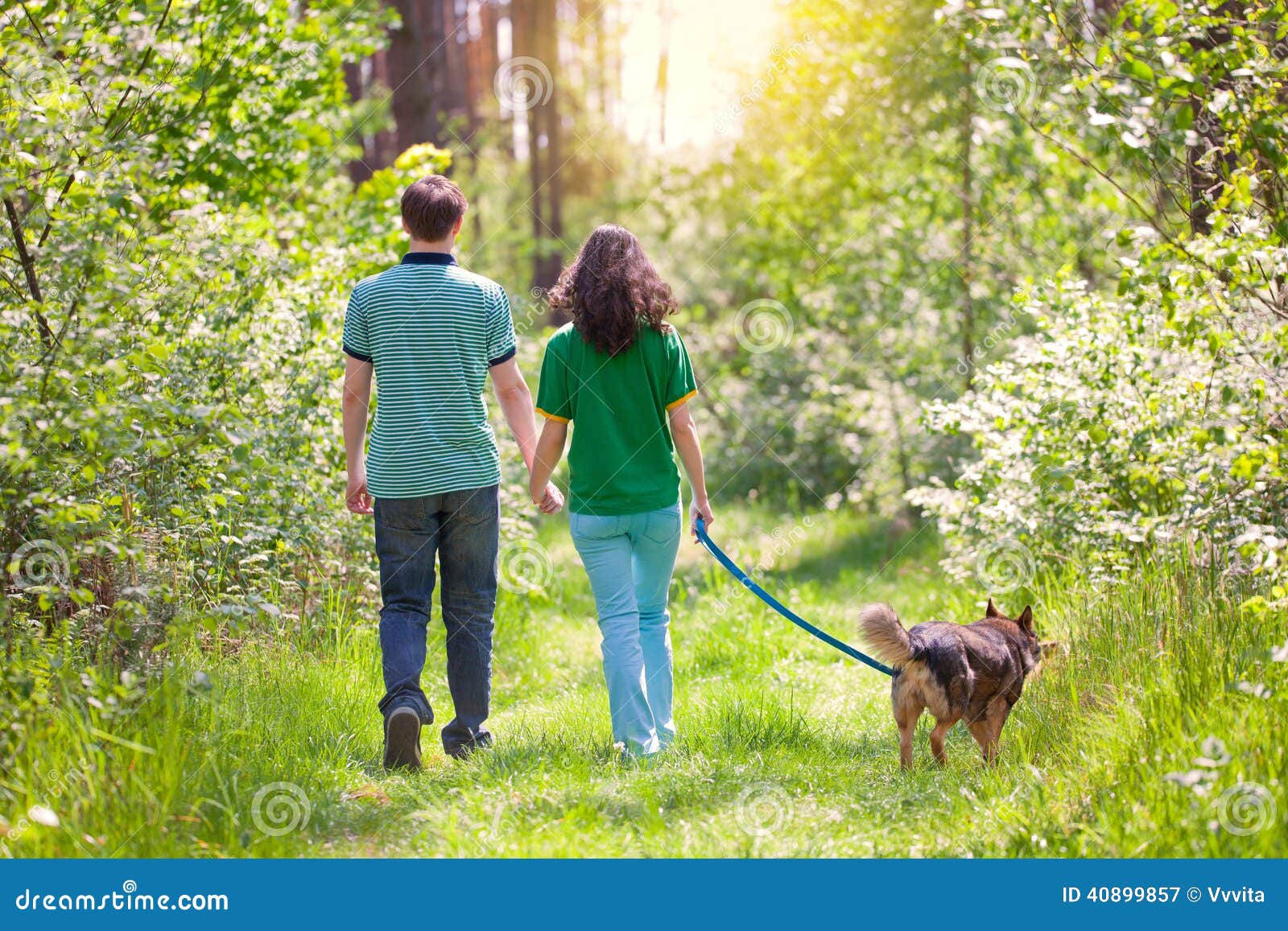 Young Couple Walking with Dog in the Forest Stock Image - Image of ...