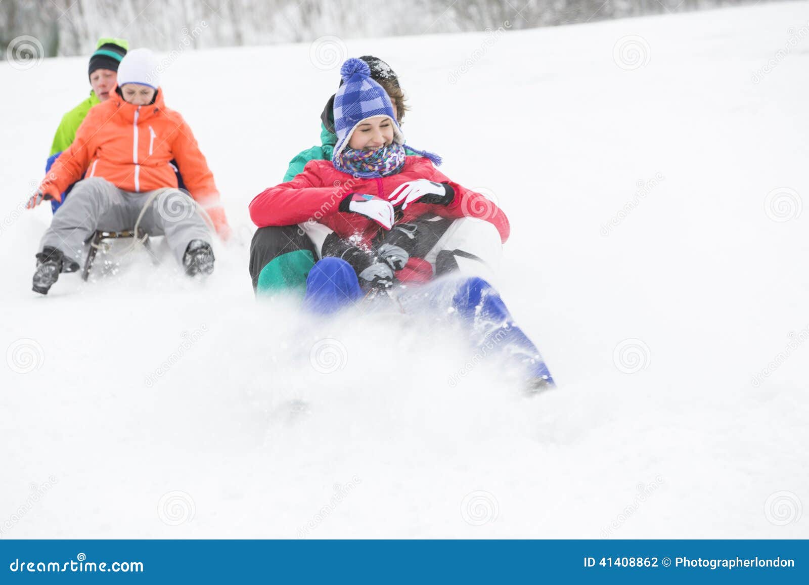 Young Couples Enjoying Sled Ride Snow Covered Slope Stock Photos - Free ...