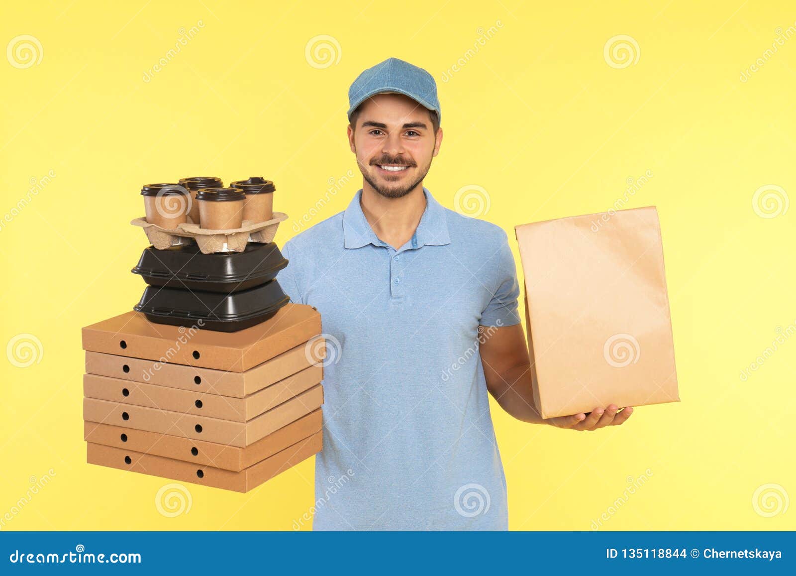 Young Courier with Different Orders on Color Background Stock Photo ...