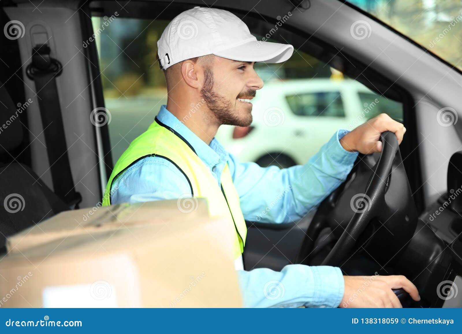 Young Courier Driving Delivery Van Stock Image - Image of freight ...