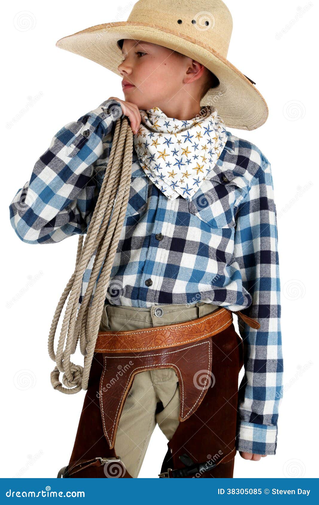 Young Cowboy in Big Hat Holding a Rope Stock Image - Image of tough ...