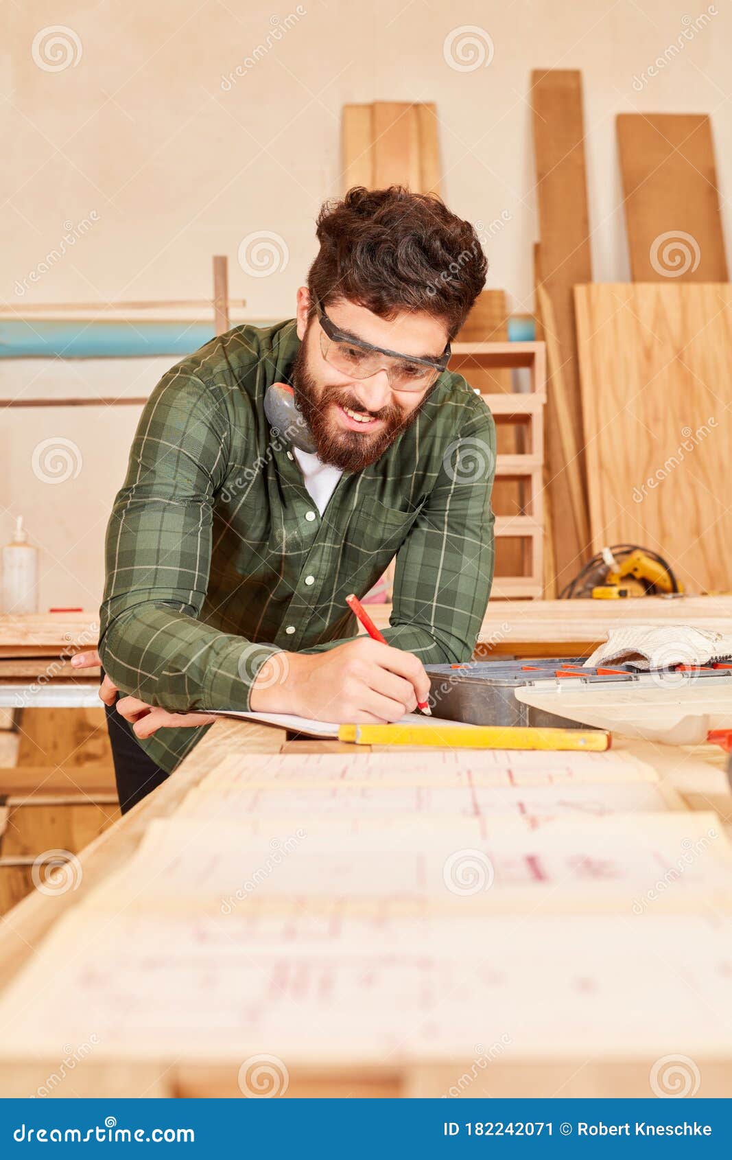 Young Craftsman Draws a Draft Stock Image - Image of wood, construction ...