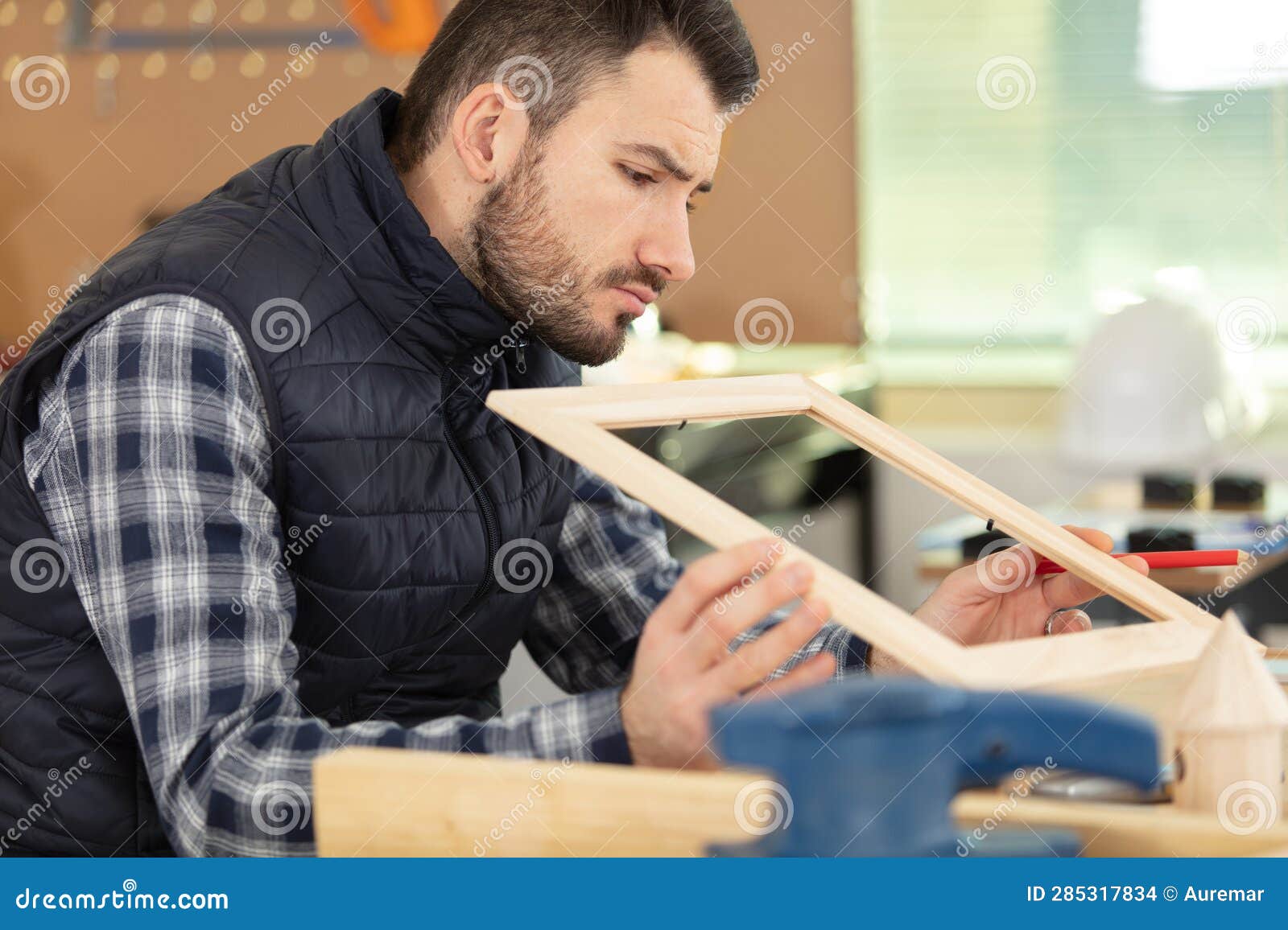 Young Craftsman Measuring Wooden Frame Stock Photo - Image of skill ...