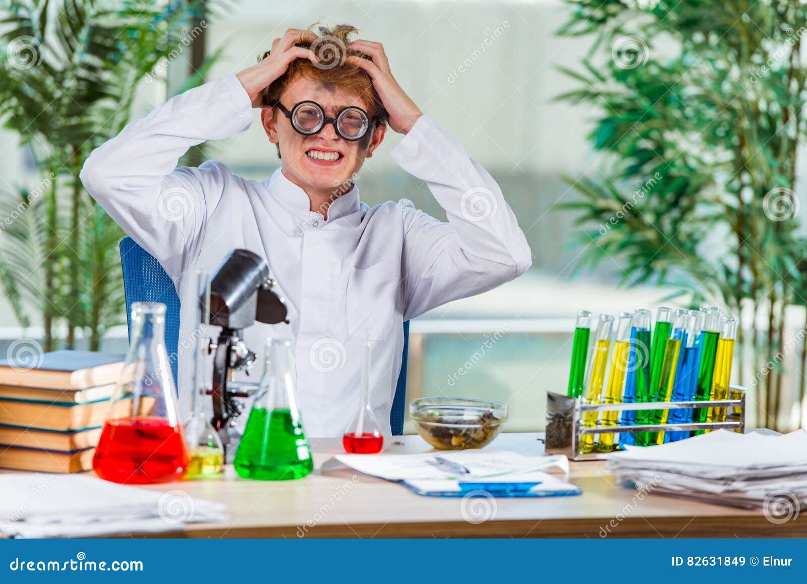 The Young Crazy Chemist Working in the Lab Stock Image - Image of ...
