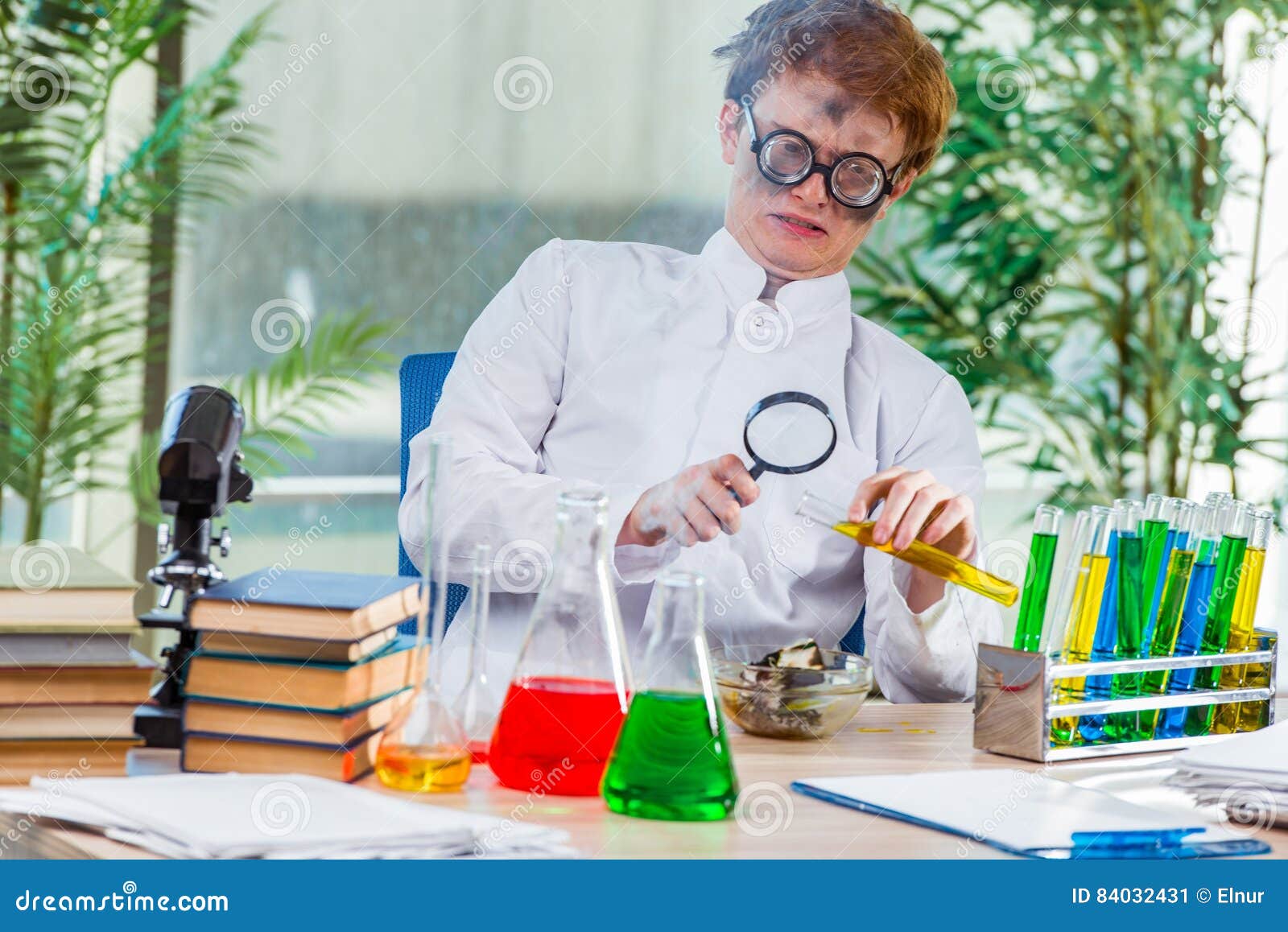 The Young Crazy Chemist Working in the Lab Stock Image - Image of ...