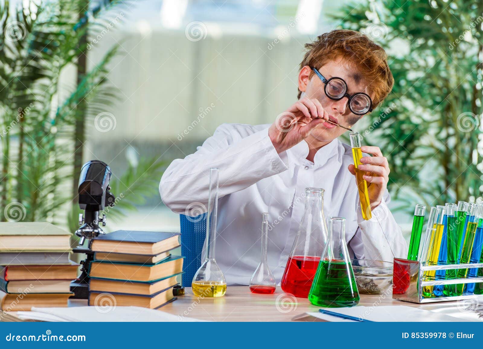 The Young Crazy Chemist Working in the Lab Stock Photo - Image of ...