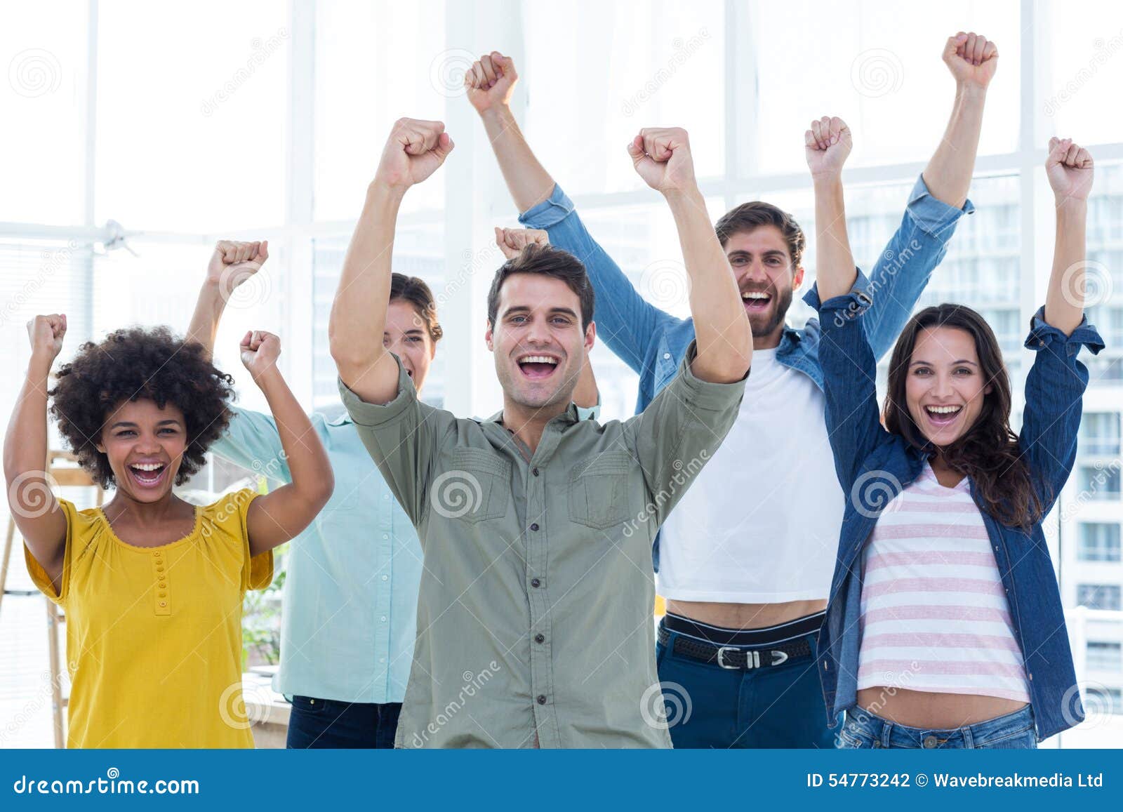 Young Creative Business People Gesturing Arm Up Stock Photo - Image of ...