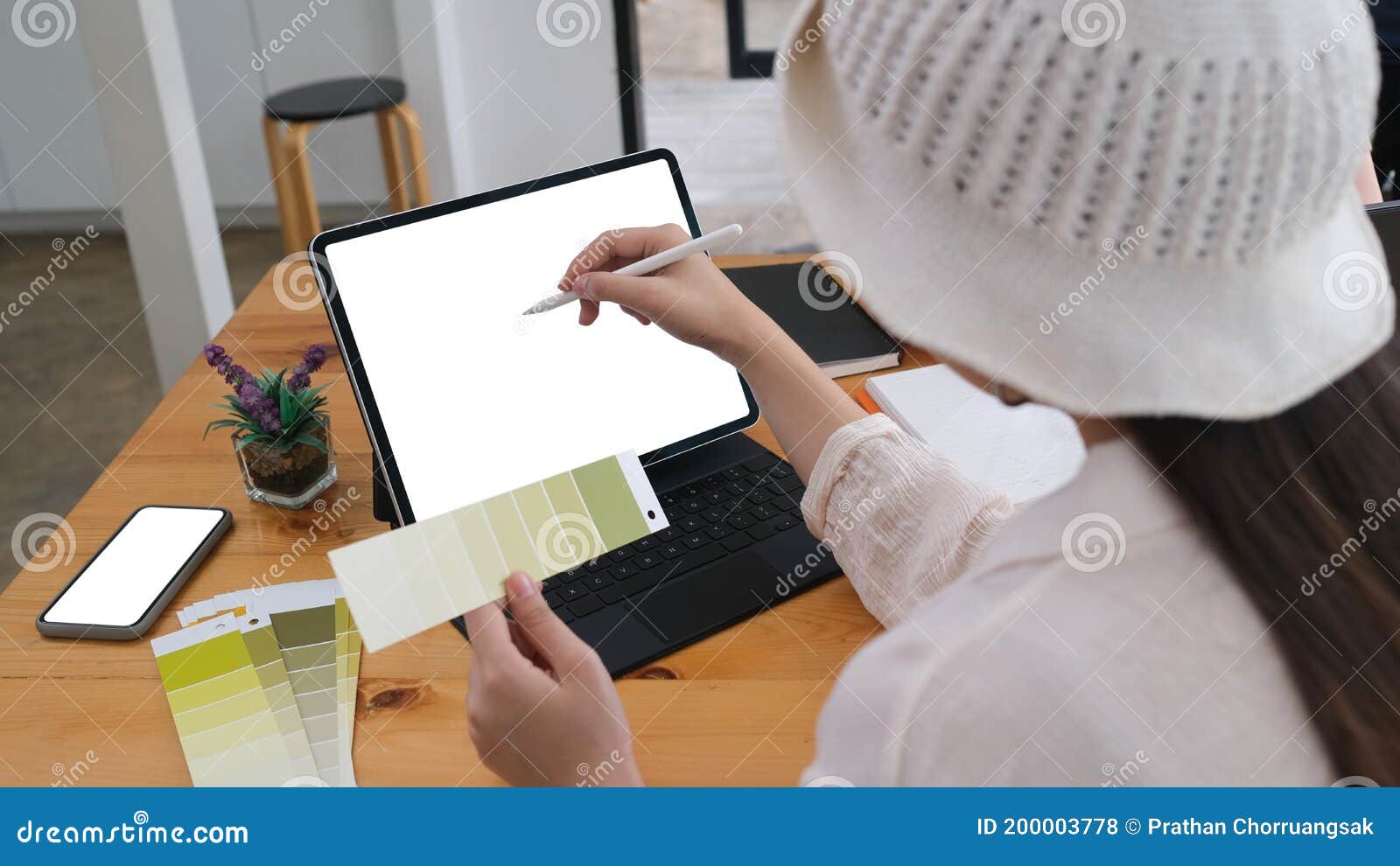 Young Creative Graphic Designer Using Tablet To Choosing Color Swatch ...